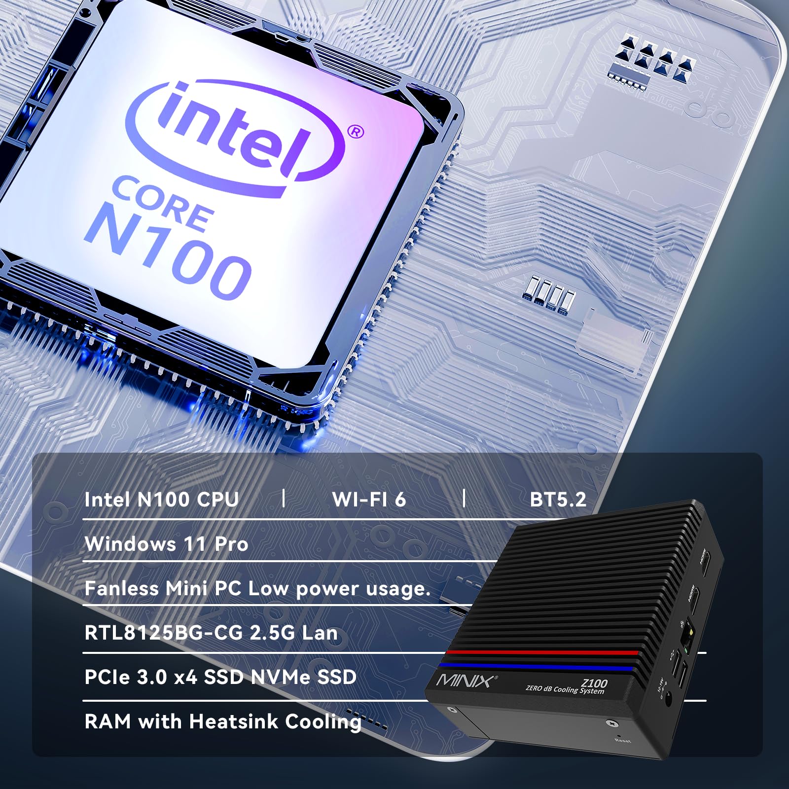 Mua MINIX Z100-0dB Fanless Mini PC, Intel 12th Gen N100, 8GB DDR4, 256GB M.2 PCIe Gen3 x 4 NVMe ...