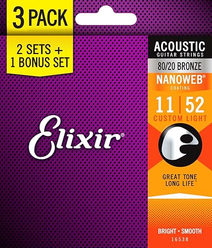 Elixir 16544 Nanoweb Bronze 11-52 Acoustic Guitar Strings 2 Sets Plus 1 ...