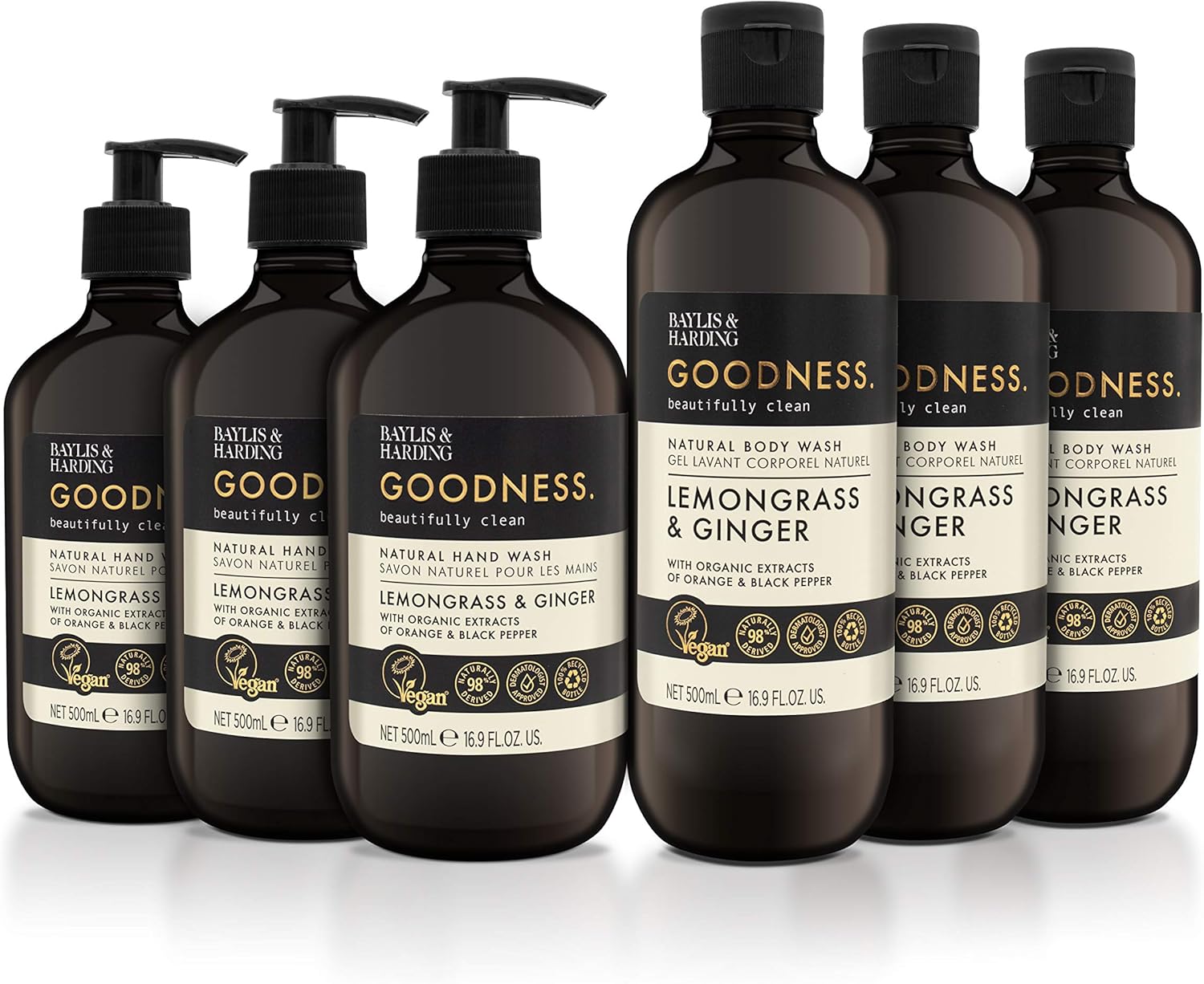 Baylis & Harding Goodness Lemongrass & Ginger 3 x 500ml Hand Wash and 3 ...
