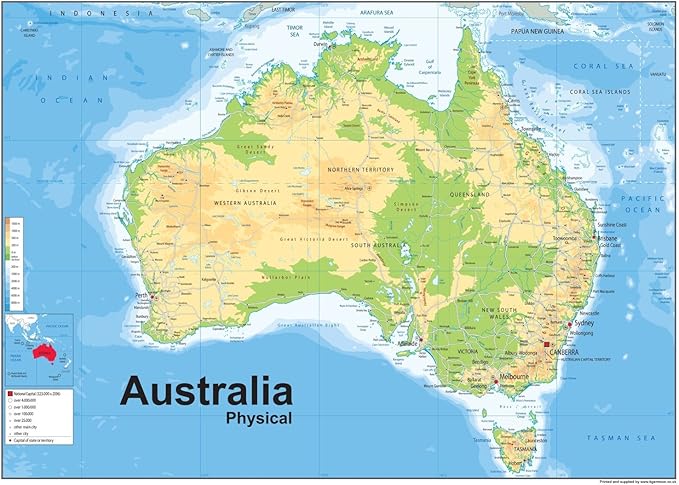 Australia mapa física – Vinilo – A1 tamaño 59,4 x 84,1 cm: Amazon.es ...