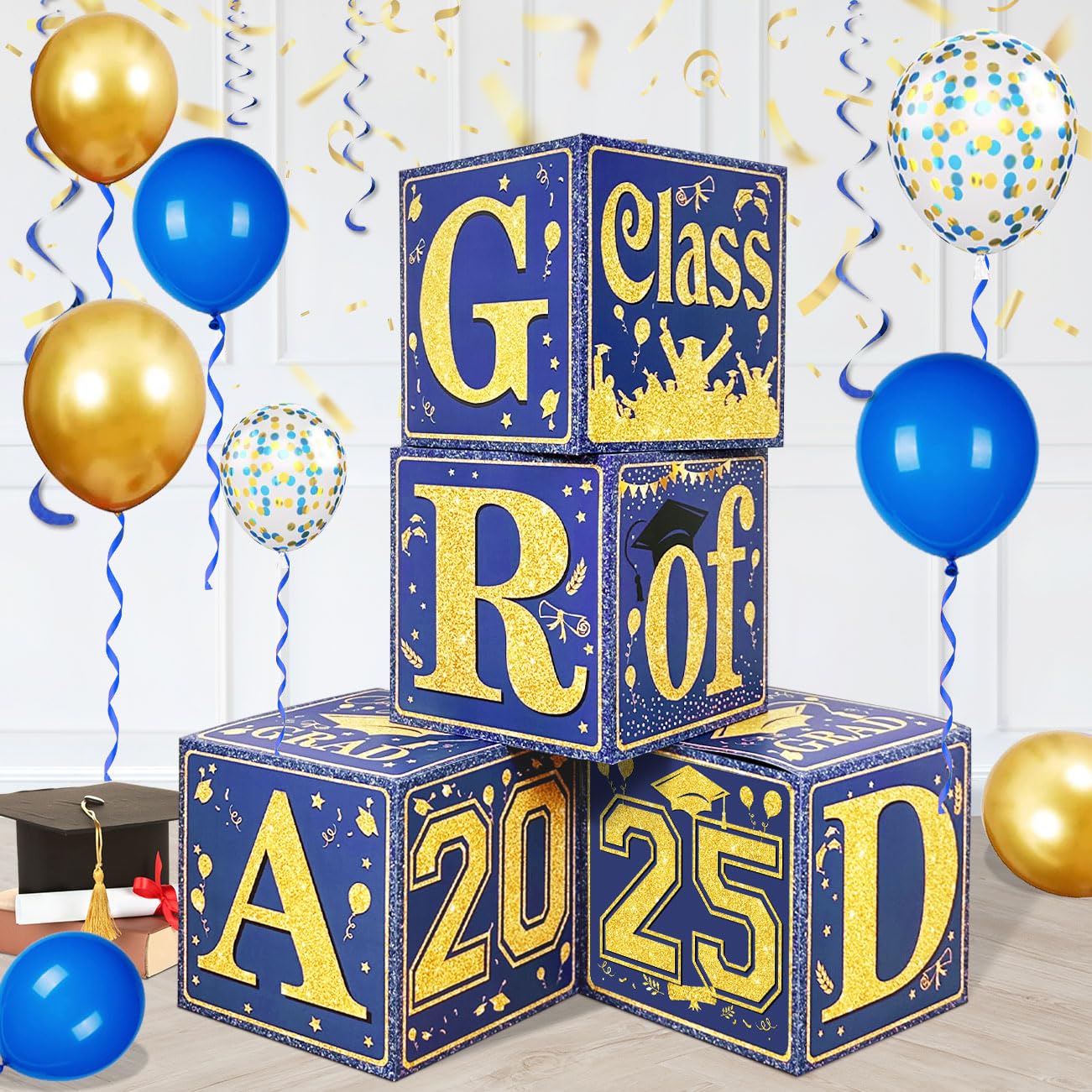 Blue and Gold Graduation Decorations Class of 2025 Graduation Boxes ...