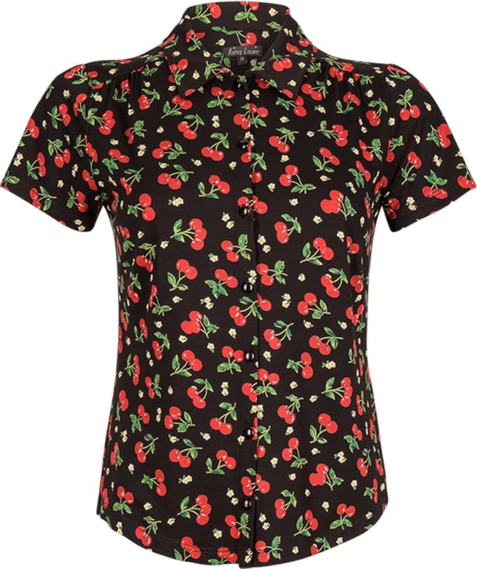 King Louie Damen Oberteil Temptation Kirschen Shirt Bluse Schwarz L ...