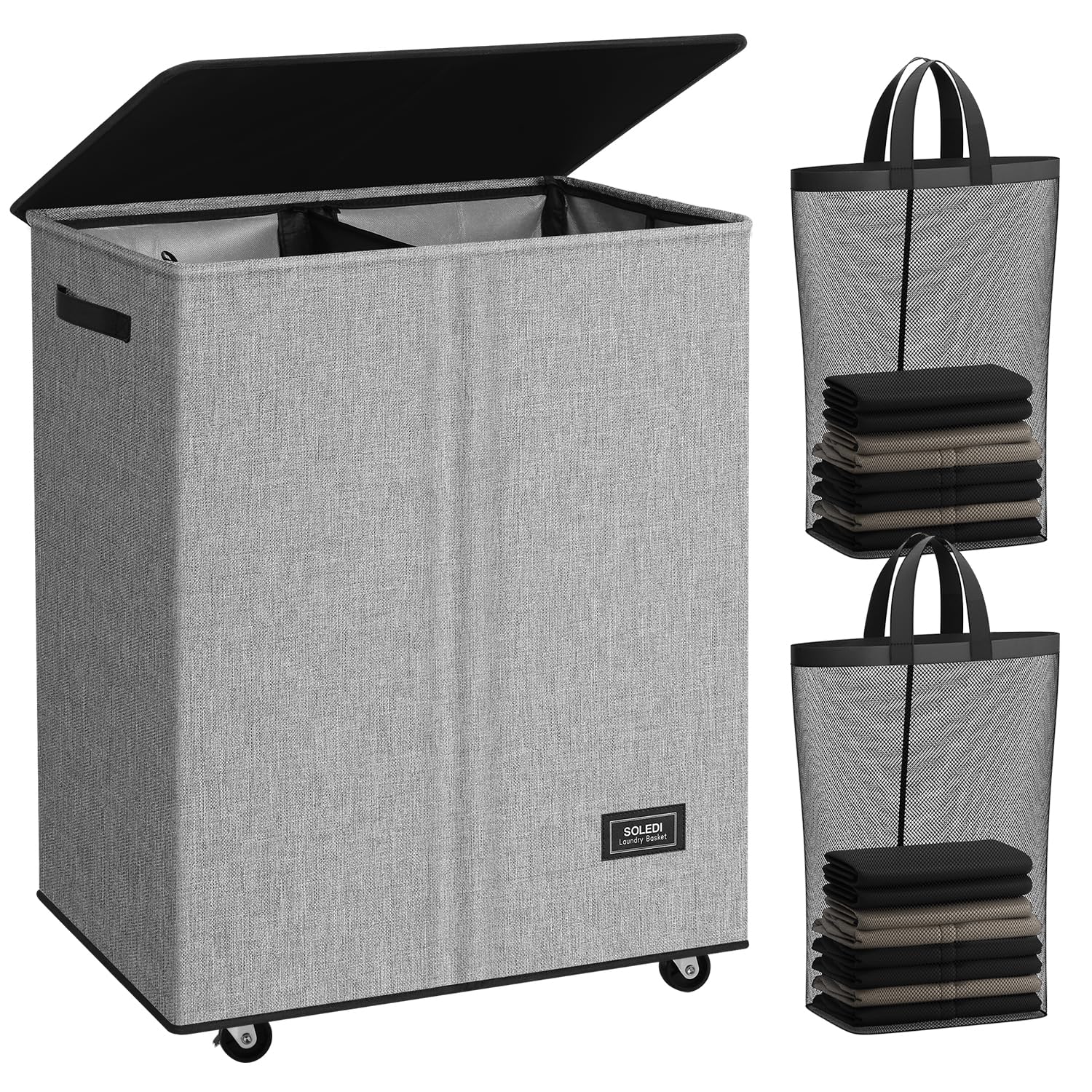SOLEDI 145L Laundry Basket with Wheels - Double Laundry Hamper with ...