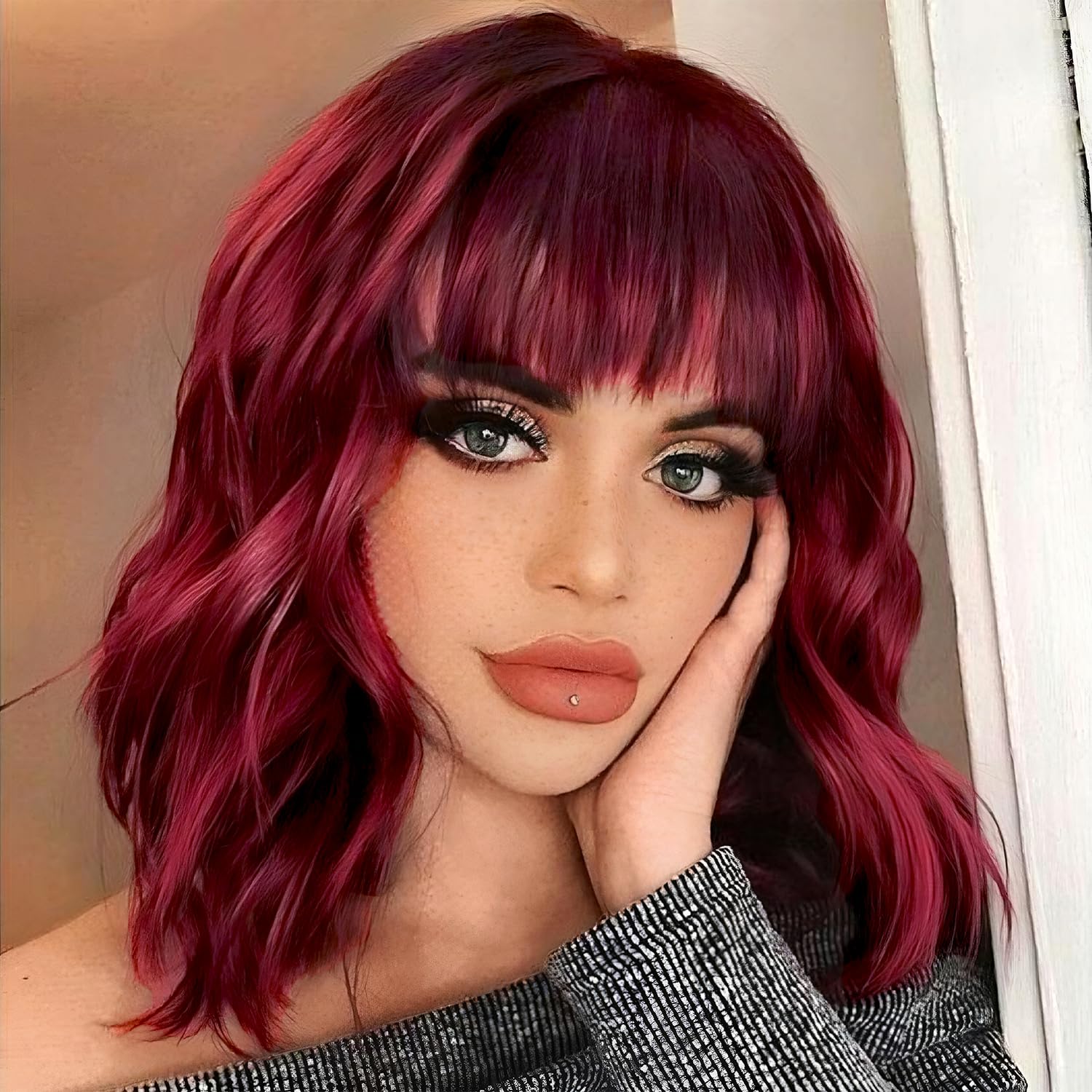 SOKU Short Wavy Burgundy Wigs for Women 14 Inches Synthetic Red ...