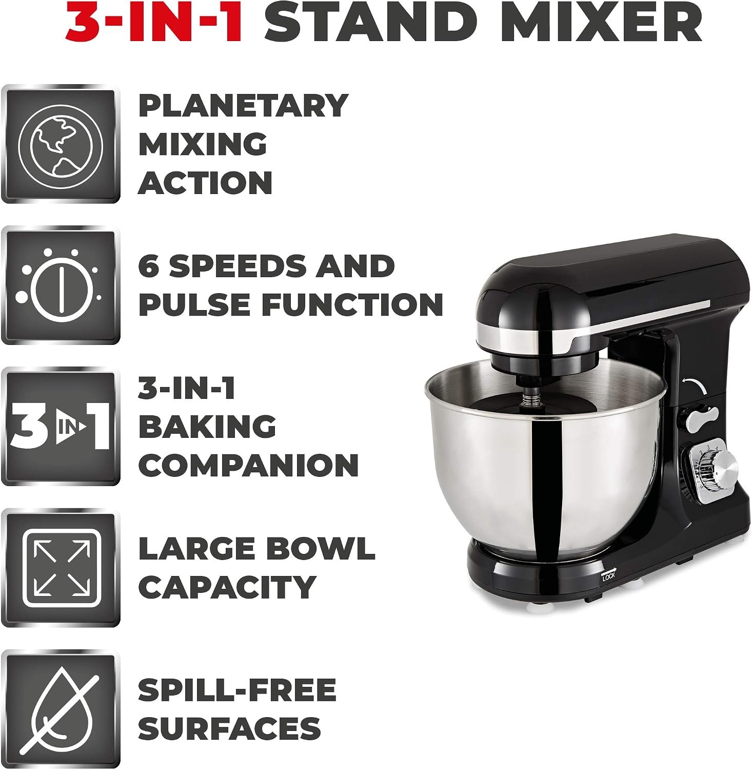 Tower T12033 3-in-1 Stand Mixer with 6 Speeds and Pulse Setting, 1000 W ...