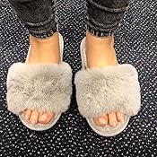 LongBay Ladies' Fluffy Faux Fur Open Toe Memory Foam House Slipper Cute ...