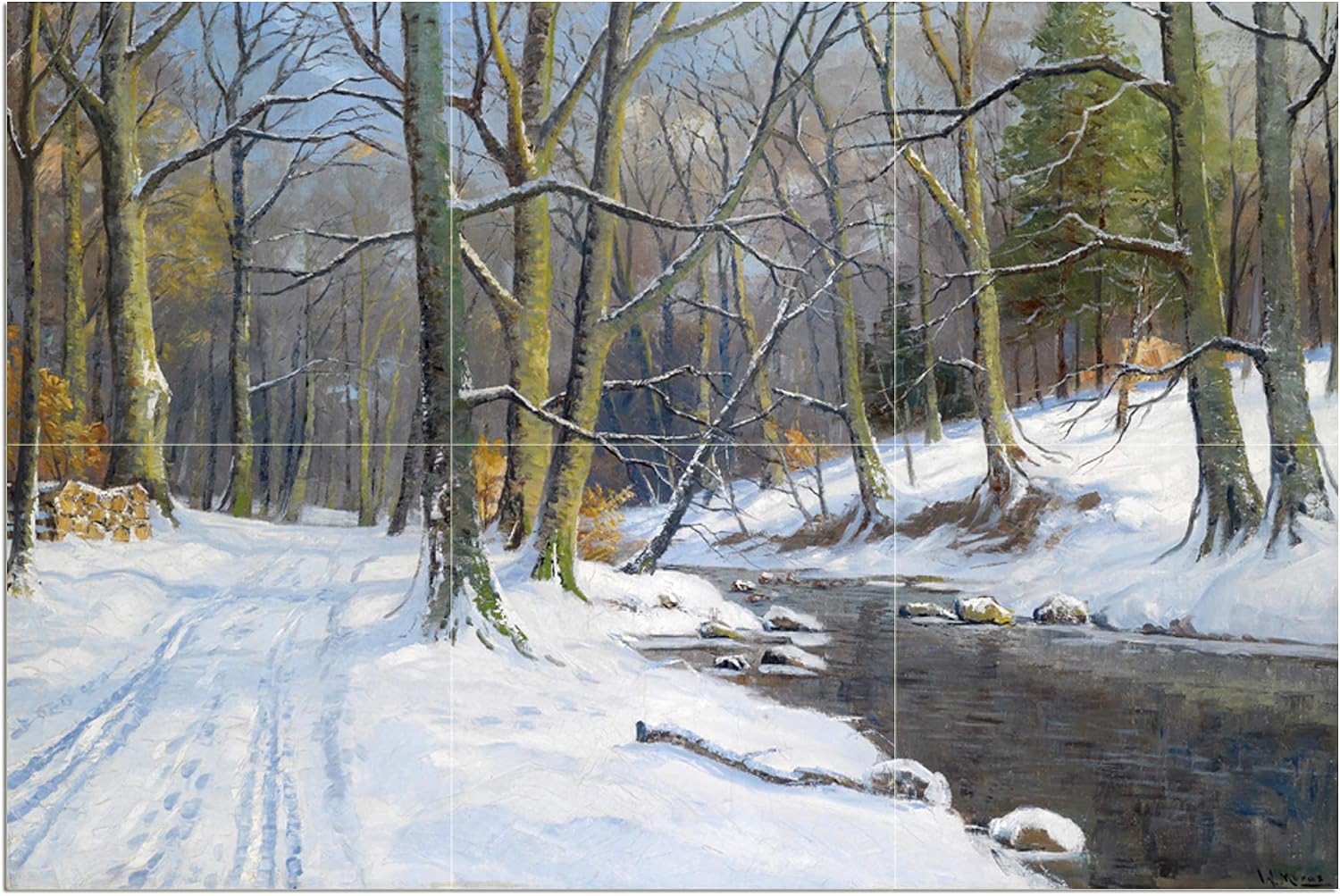 Winter Forest River Road W. Moras Tile Mural Kitchen Backsplash Marble ...