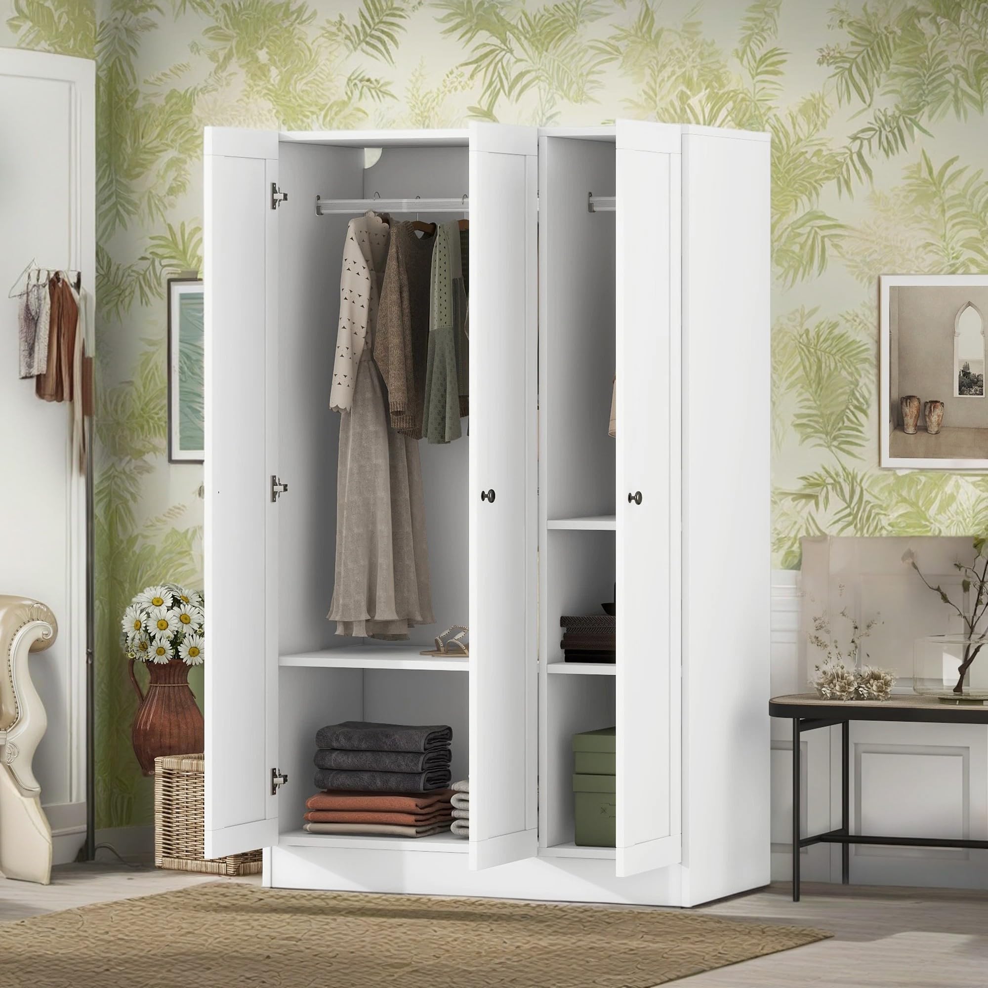 KELRIA Modern 3-Door Armoire Wardrobe with Shelves and Hanging Rod ...