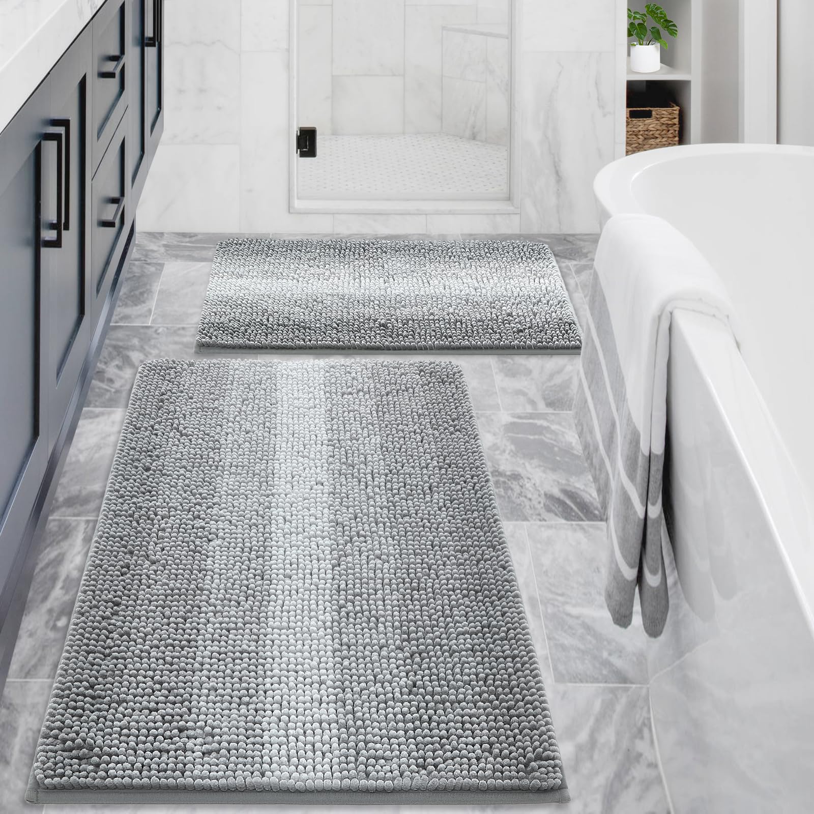 Gibelle Grey Bathroom Rug Set 2 Piece, Chenille Non Slip Bath Mat Set ...