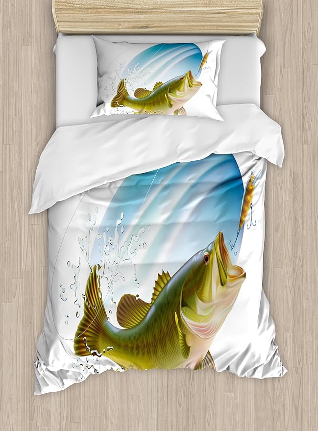 Amazon.com: Ambesonne Fishing Duvet Cover Set, Largemouth Sea Bass ...