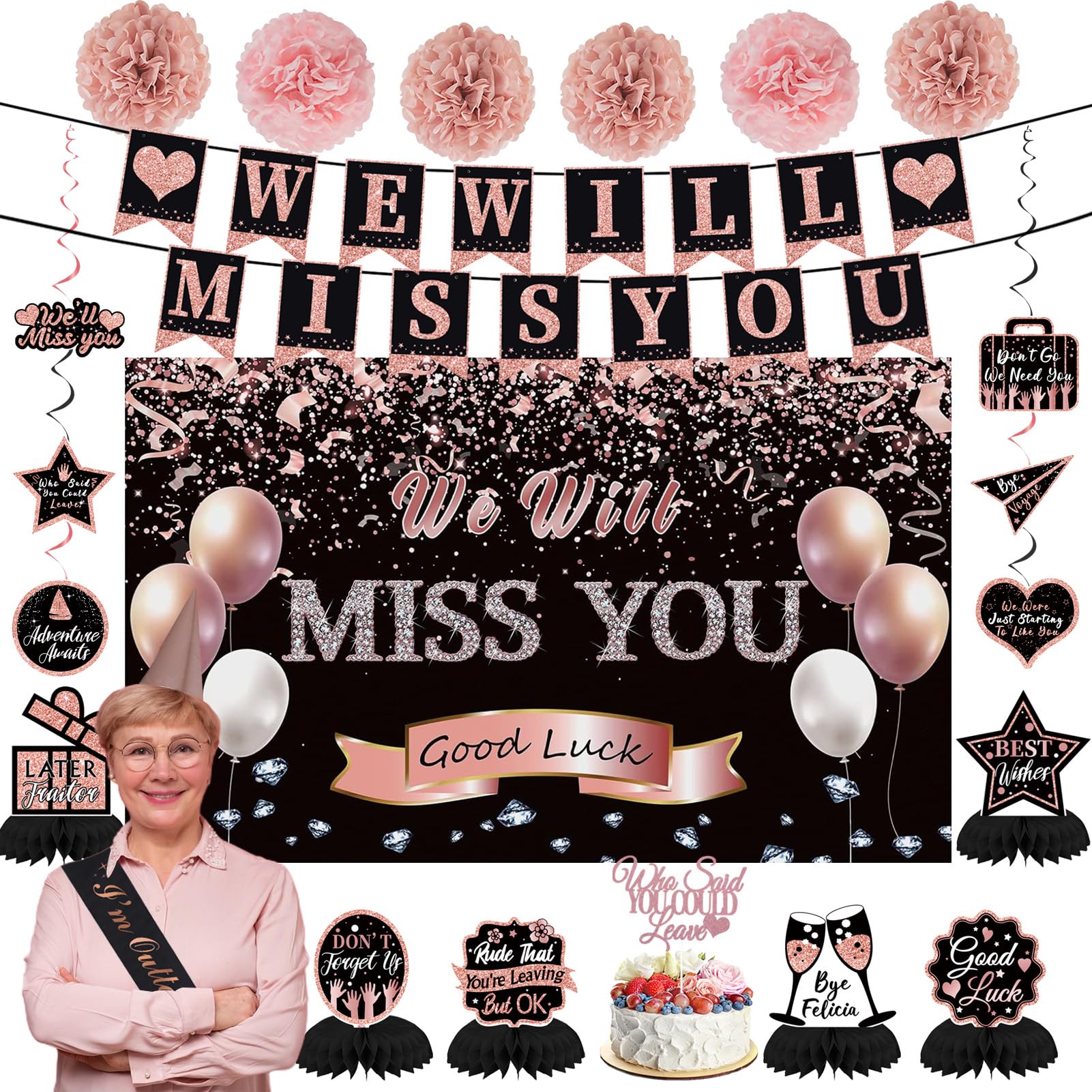 Trgowaul Rose Gold Farewell Party Decorations Supplies Kit, Rose Gold We Will Miss You Banner ...
