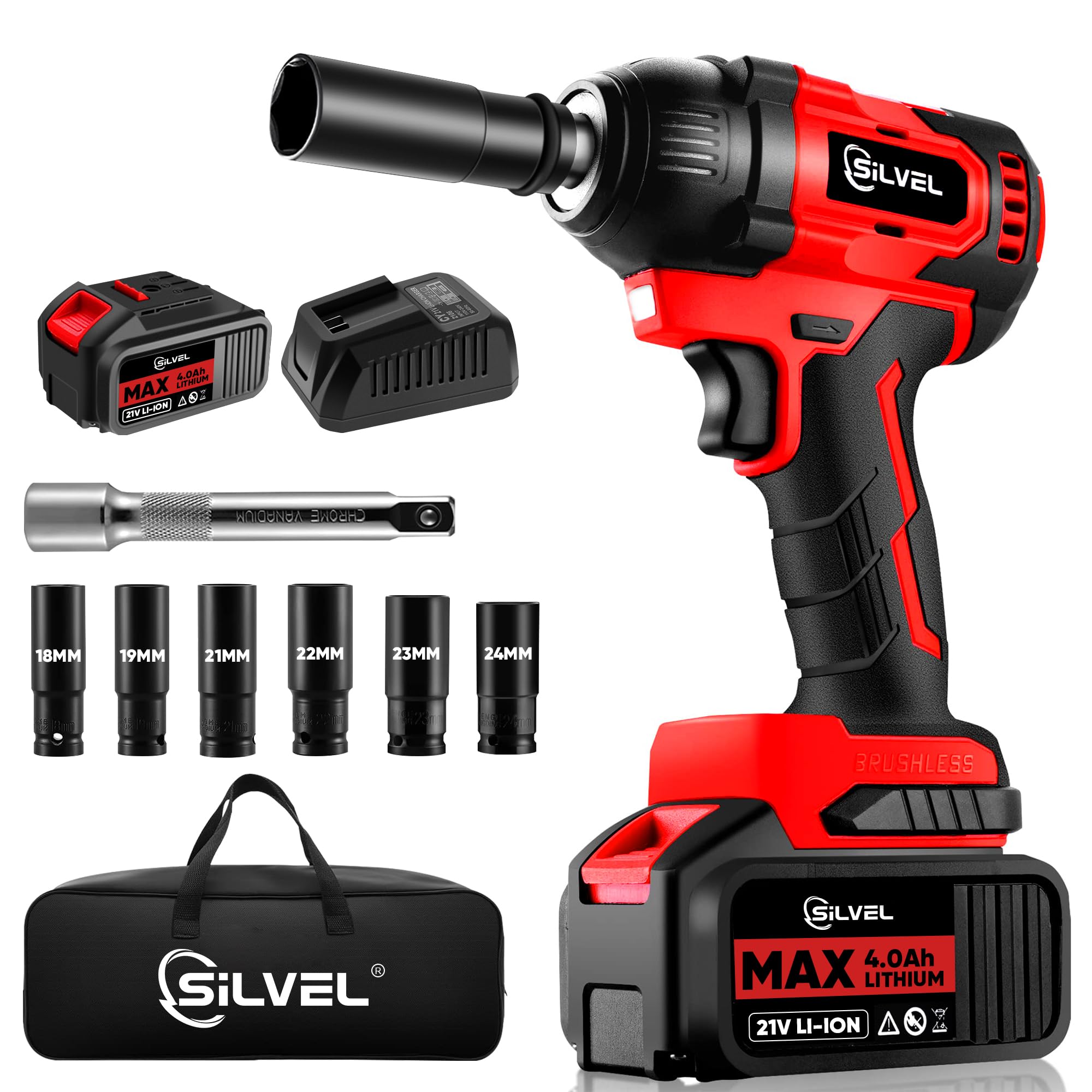 SILVEL Cordless Impact Wrench, MAX 500N.M Brushless Impact Gun 1/2 inch ...