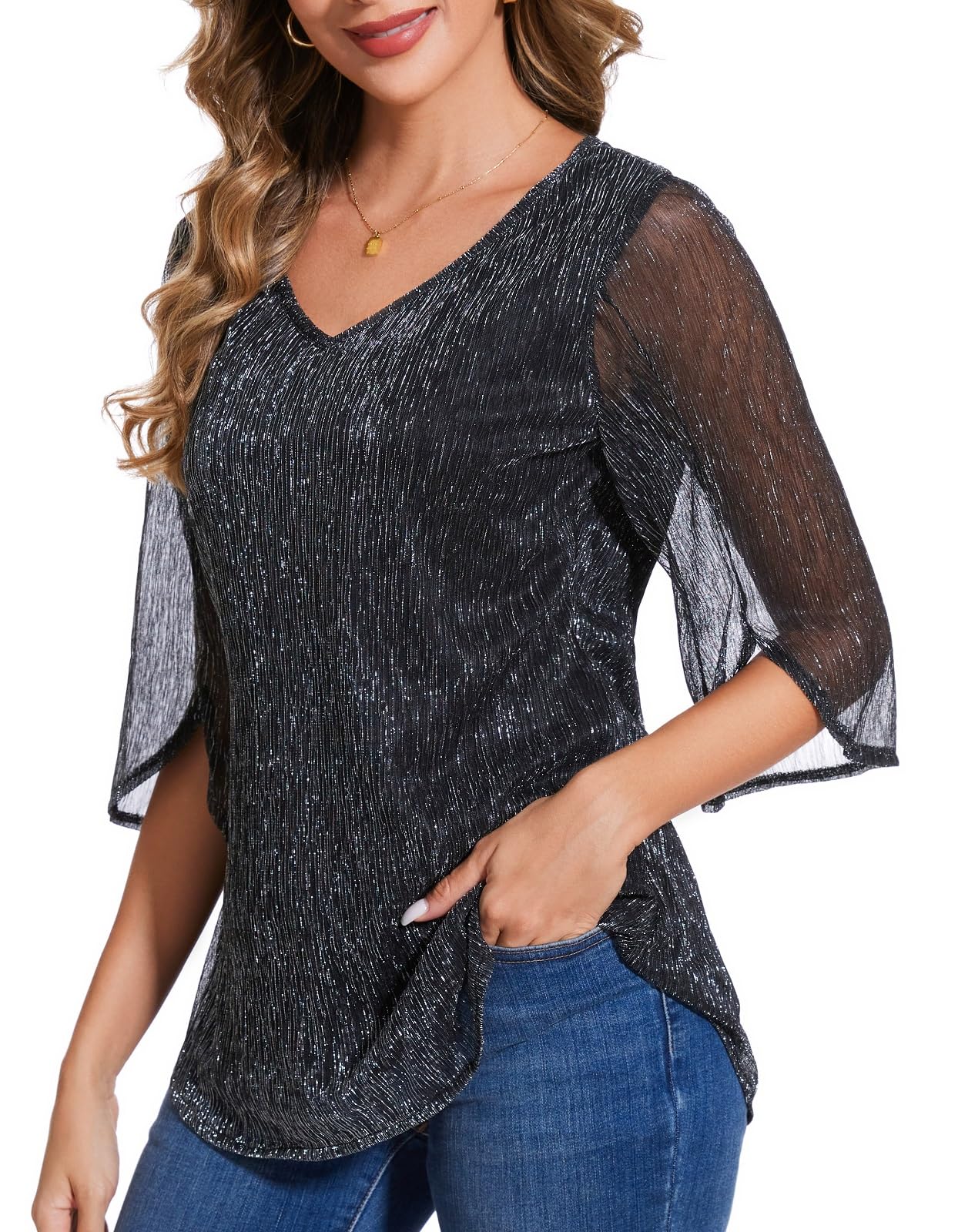 BILIKE JOMEX Women's 3/4 Sleeve Glitter Blouses Dressy Sparkly Double ...