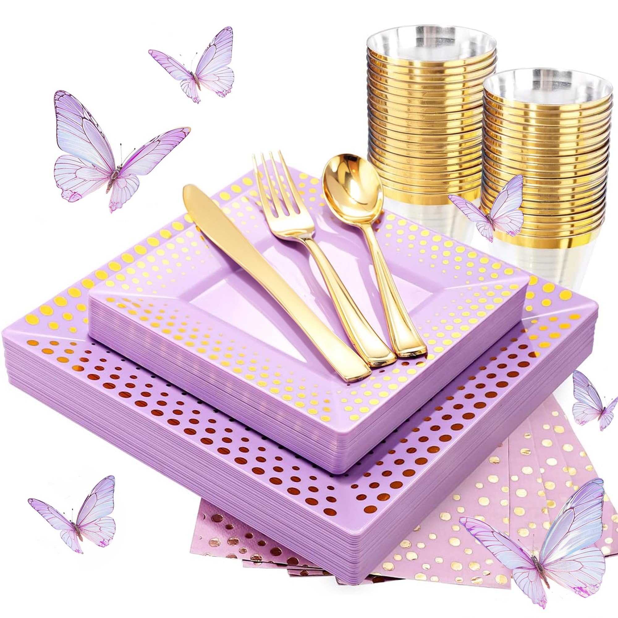 KIRE 175Pcs Purple Plastic Plates with Gold Dot - Lavender Square ...