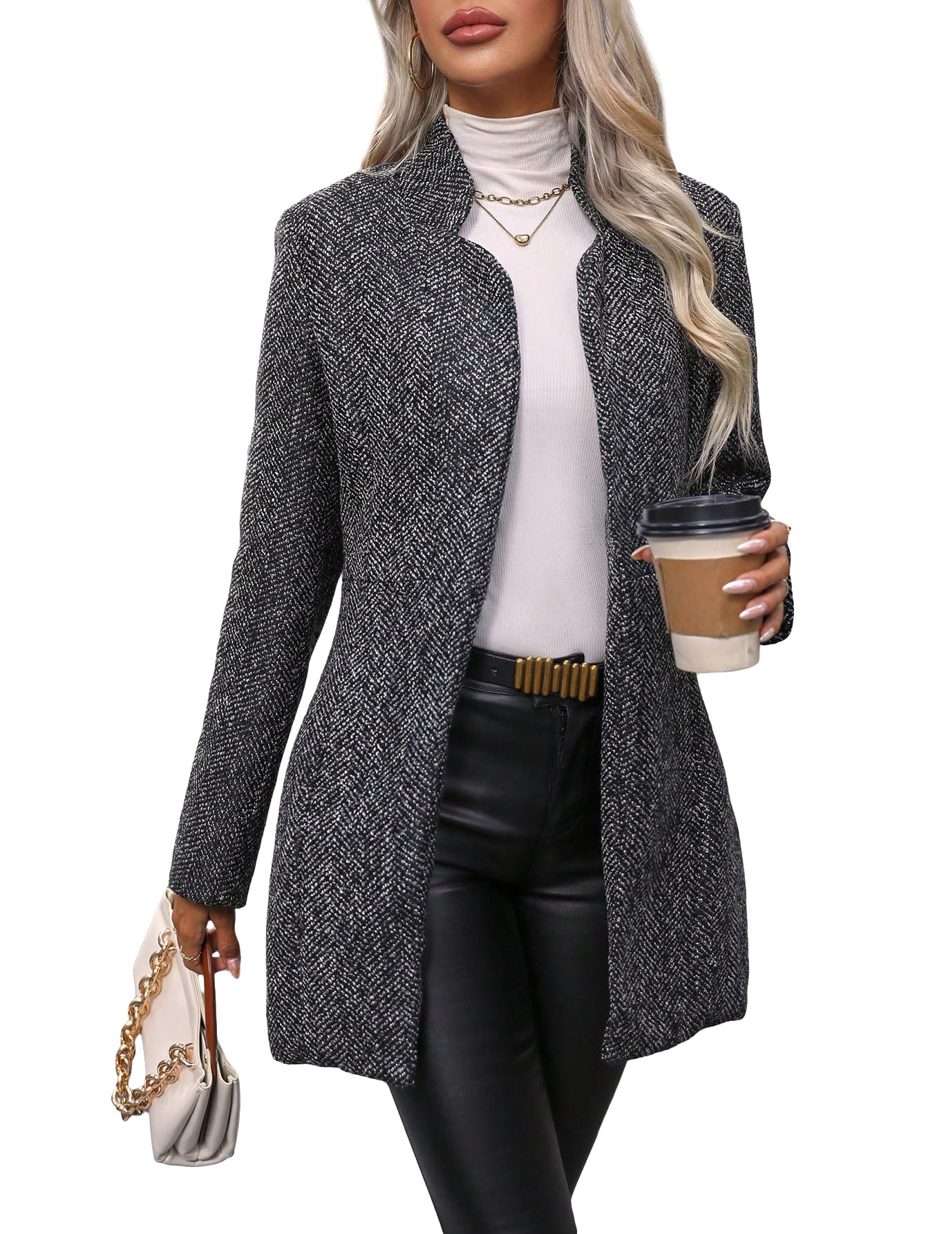 MakeMeChic Women's Open Front Business Coat Long Sleeve Stand Collar ...