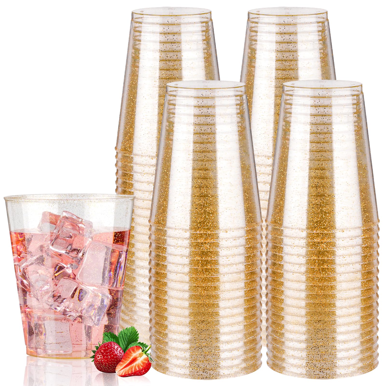Goodluck 10 oz 100 PCS Gold Glitter Plastic Cups, Disposable Glitter ...