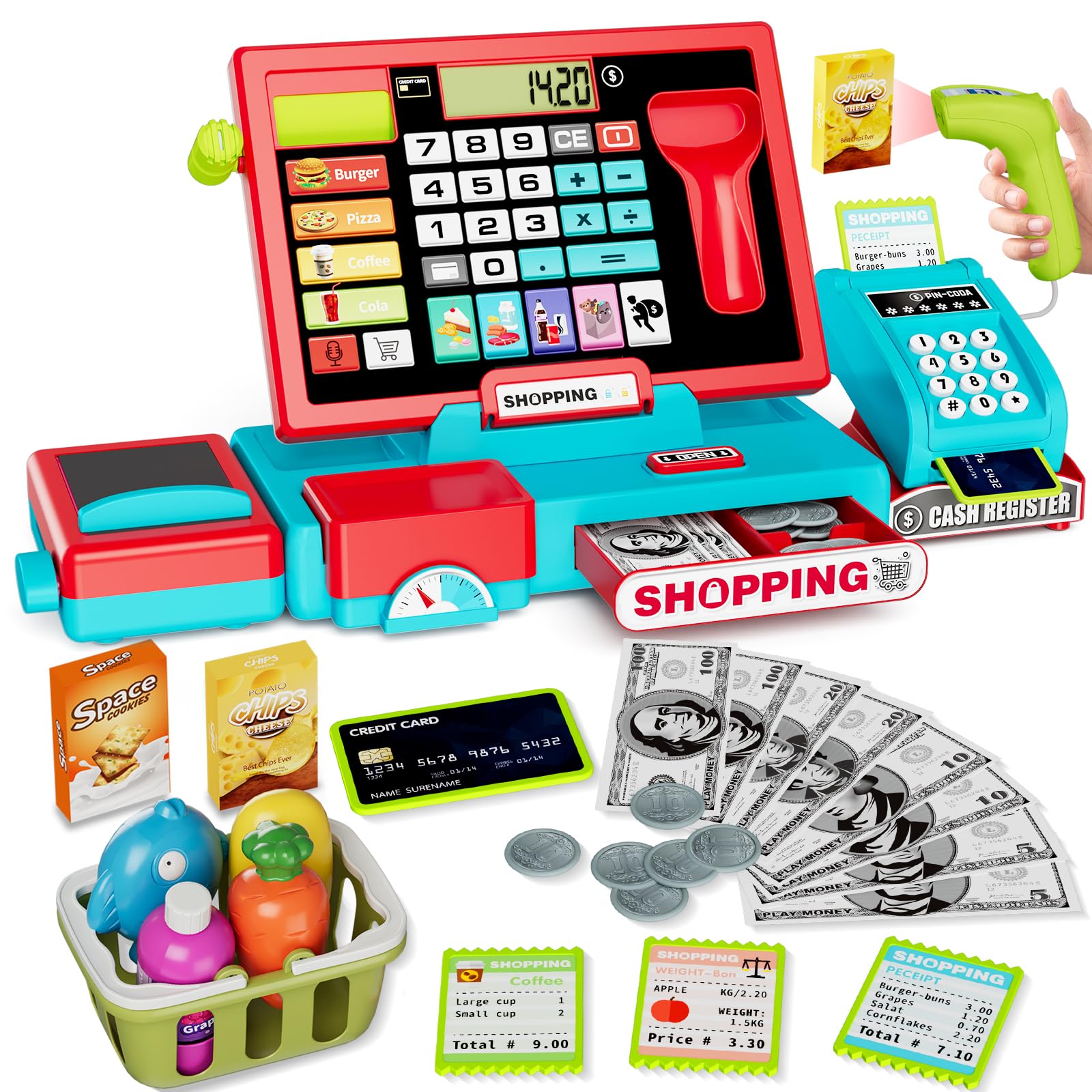 HYES Kids Cash Register Toy Playset with Real Calculator, Toddler ...