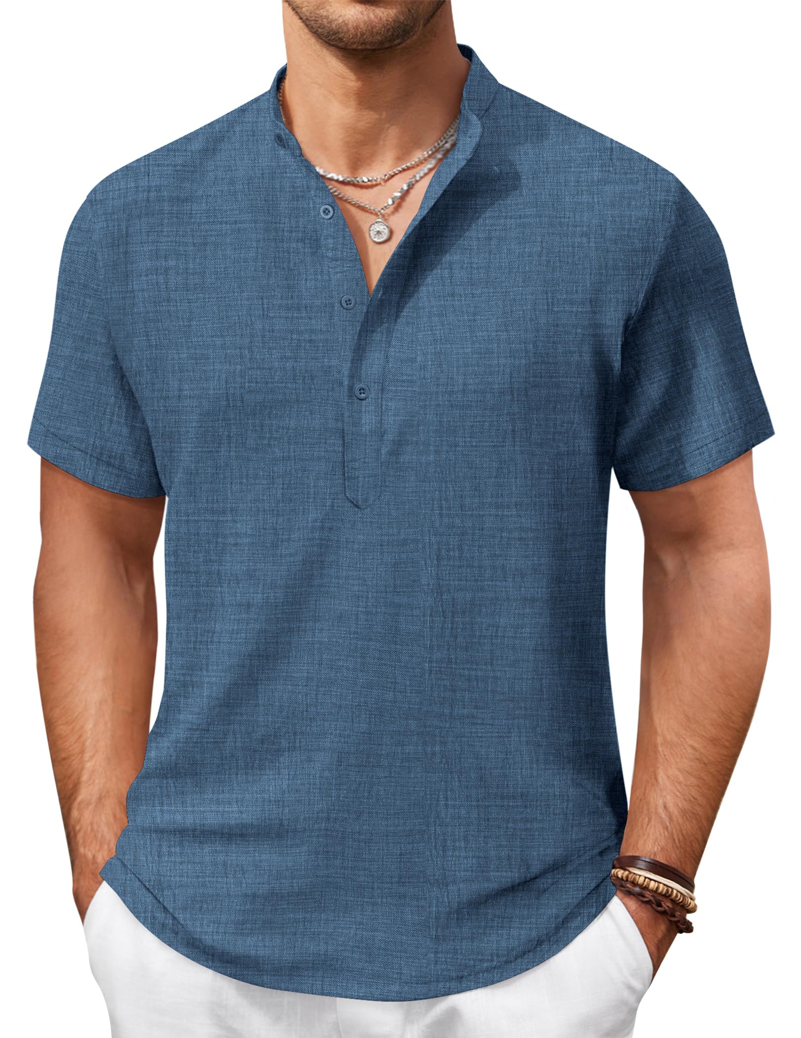COOFANDY Henley Shirts for Men Short Sleeve Casual Banded Collar Shirt Summer Beach Hippie T ...