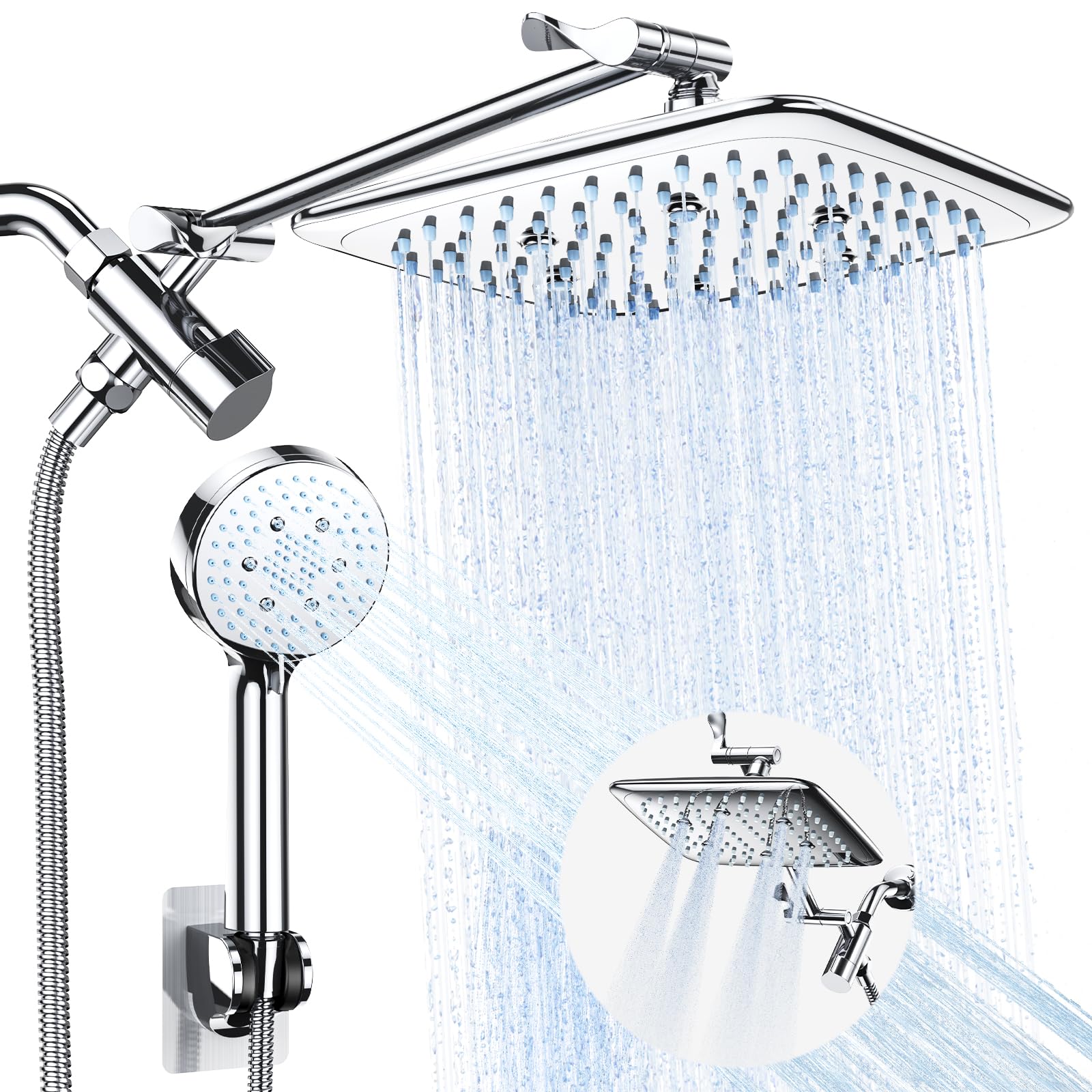 Veken High Pressure Rain Shower Head Combo with Extension Arm- Easy to Install Wide Rainfall ...