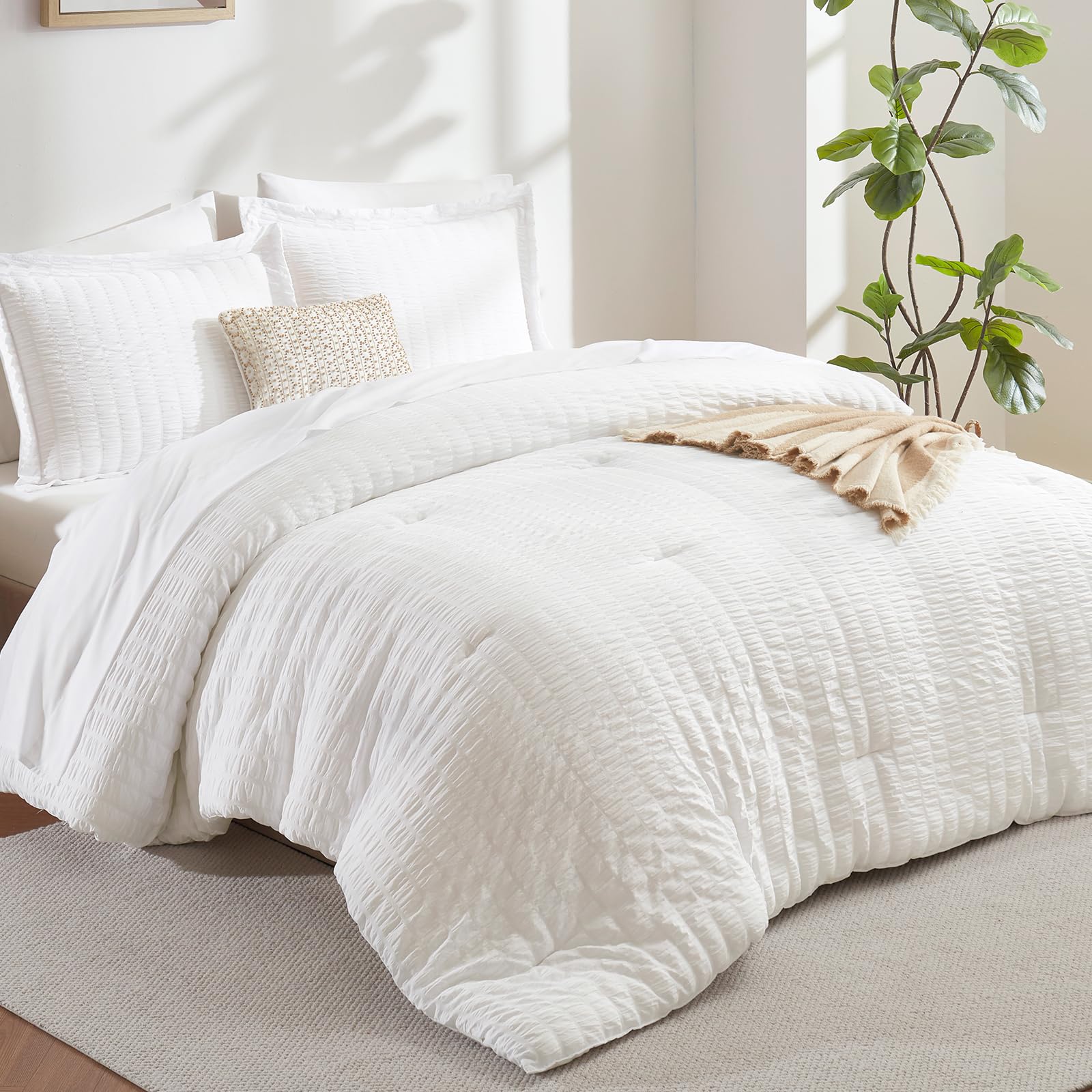 CozyLux King Comforter Set with Sheets White Seersucker Bed in a Bag 7 ...
