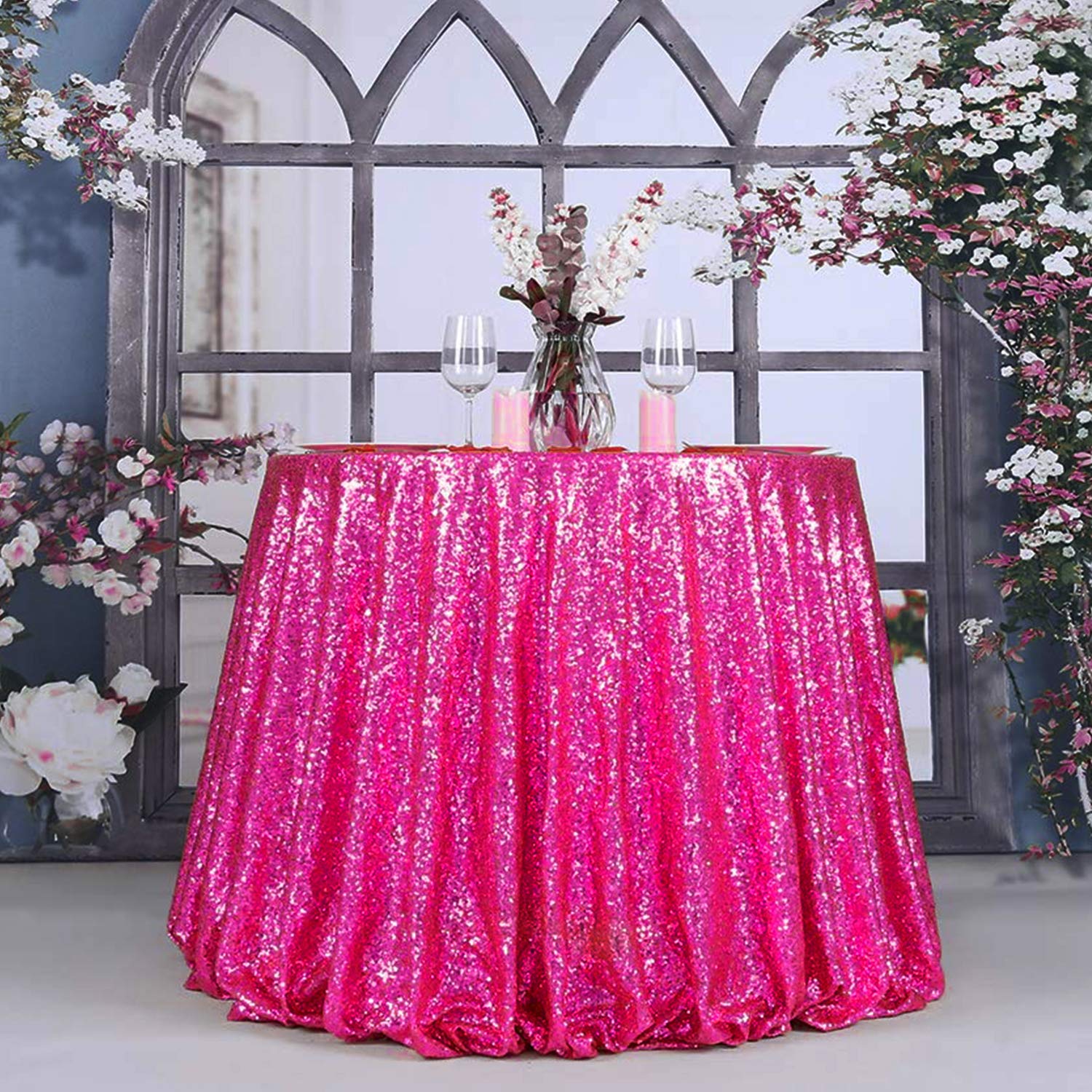 JYFLZQ Fuchsia Sequin Tablecloth 70" Round Sparkly Drape Table Cloths ...