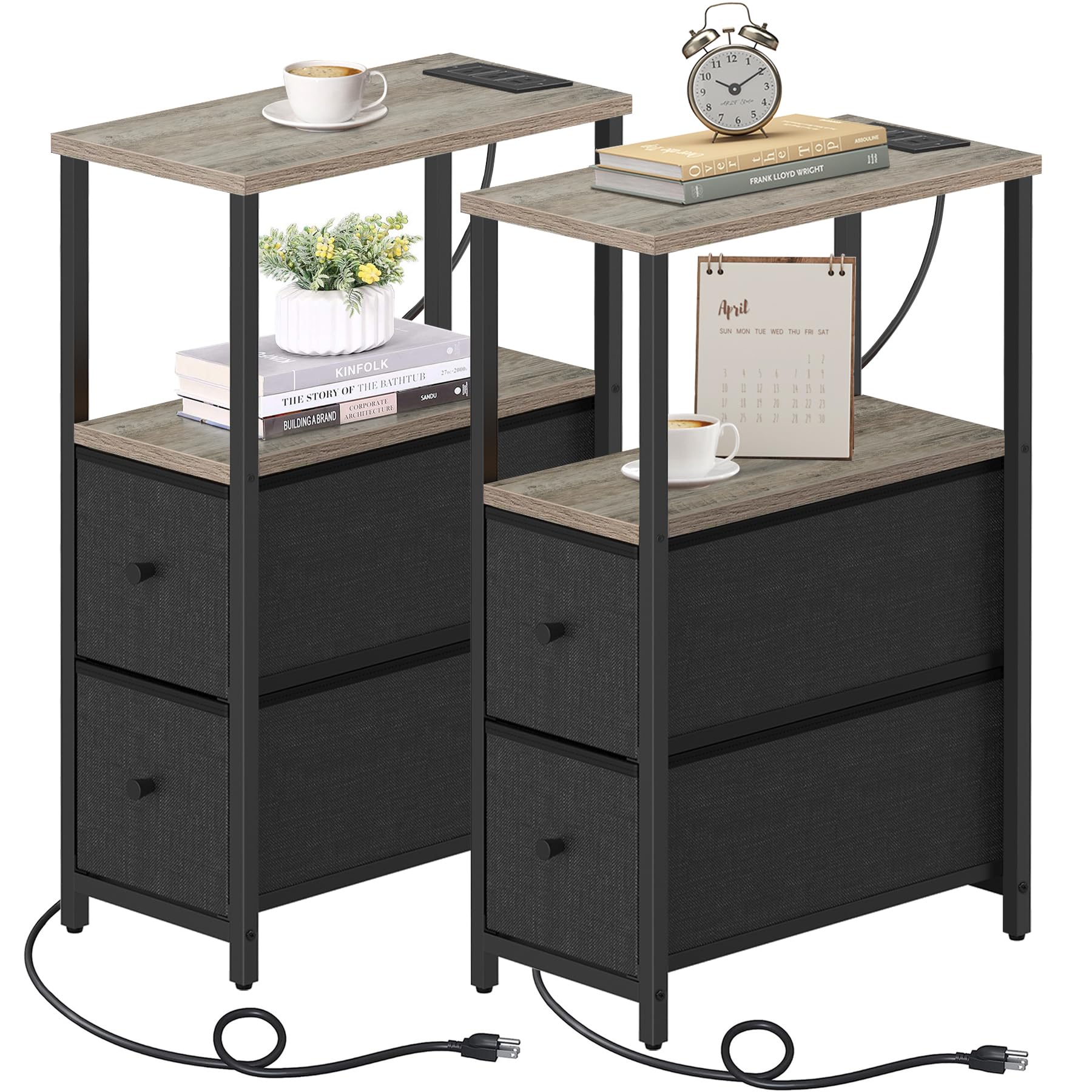 TUTOTAK Small Narrow End Table with Charging Station, Set of 2, Side ...