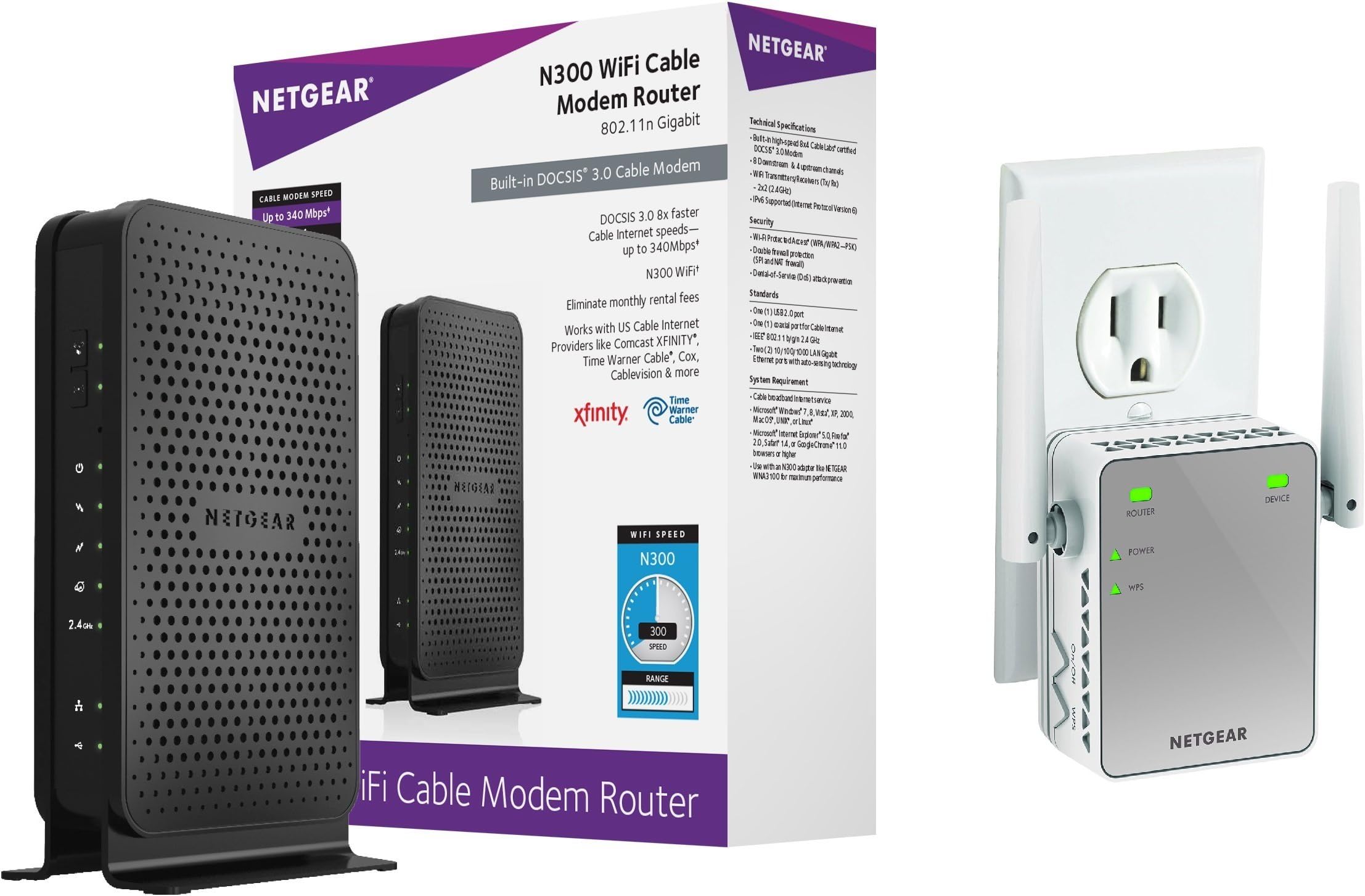 NETGEAR N300 Wi-Fi DOCSIS 3.0 Cable Modem Router (C3000) Bundle with ...