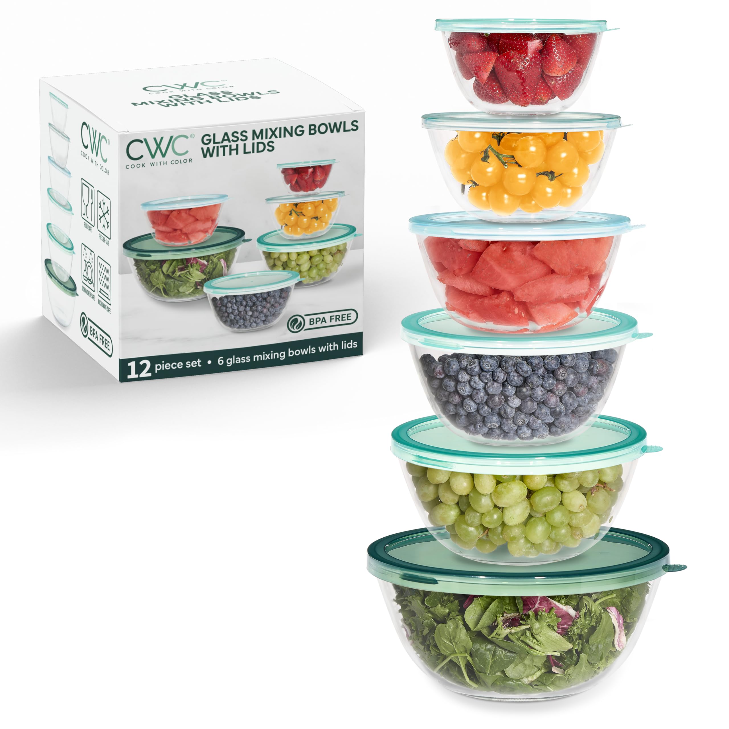 COOK WITH COLOR 12 Pc Glass Mixing Bowl Set with Lids – Borosilicate ...