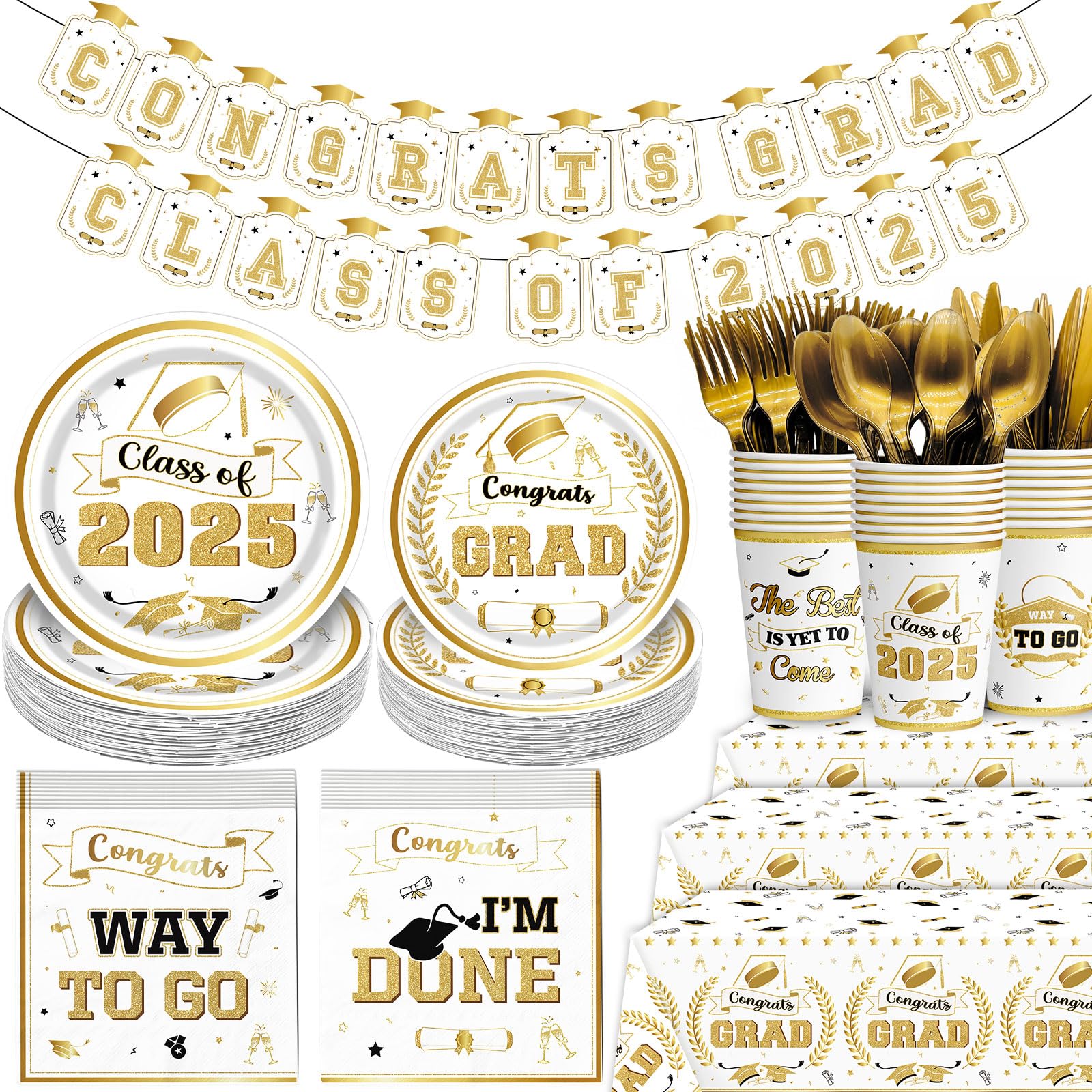 White and Gold Graduation Decorations 2025 Graduation Plates and ...