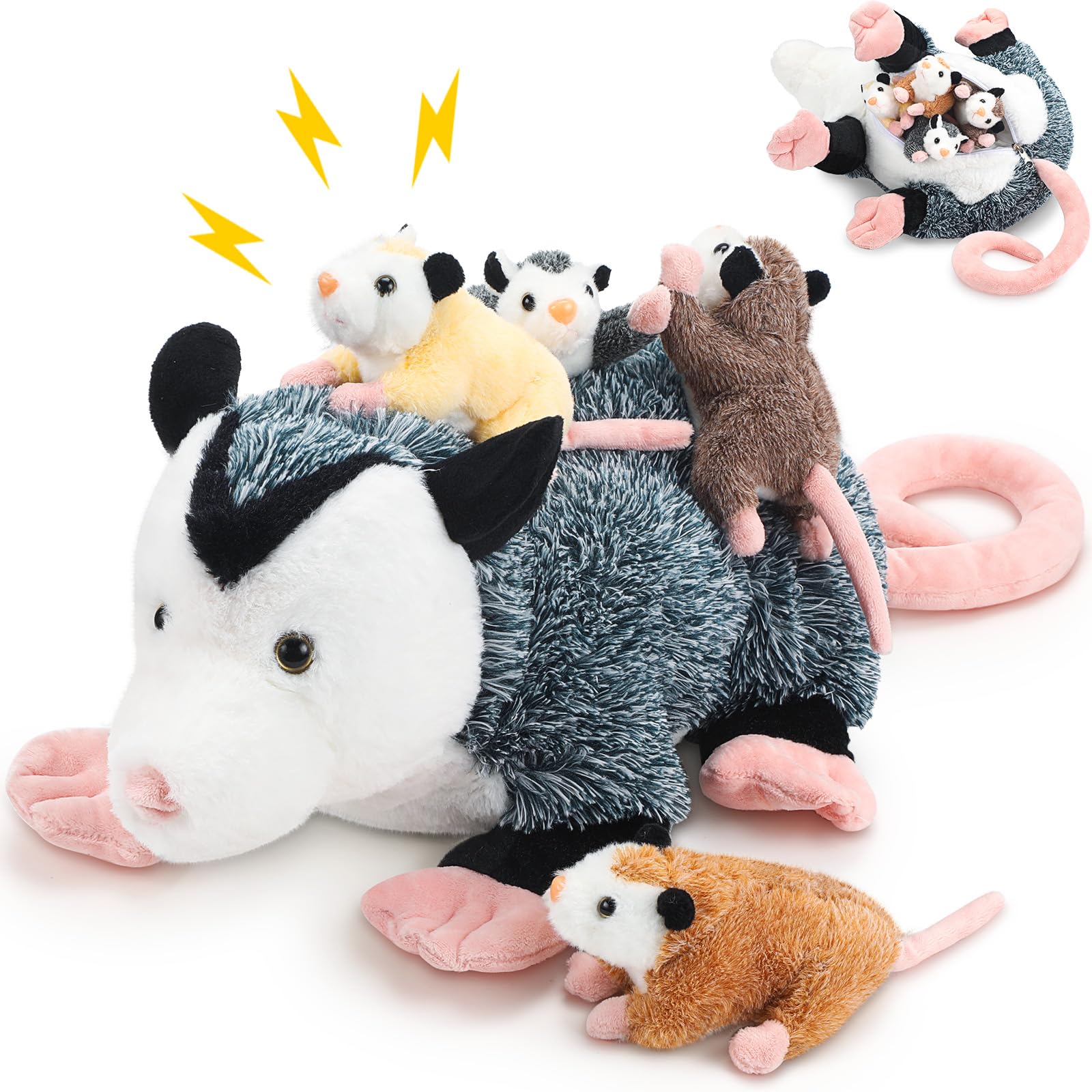 Hollowfly 5 Pcs Stuffed Opossum Mommy Possum Plush with 4 Baby Opossums ...