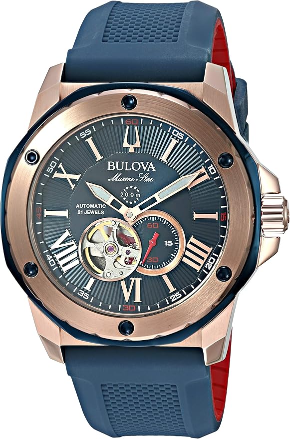 Bulova 98A227 Men's Marine Star Blue Dial Strap Automatic Watch: Amazon ...