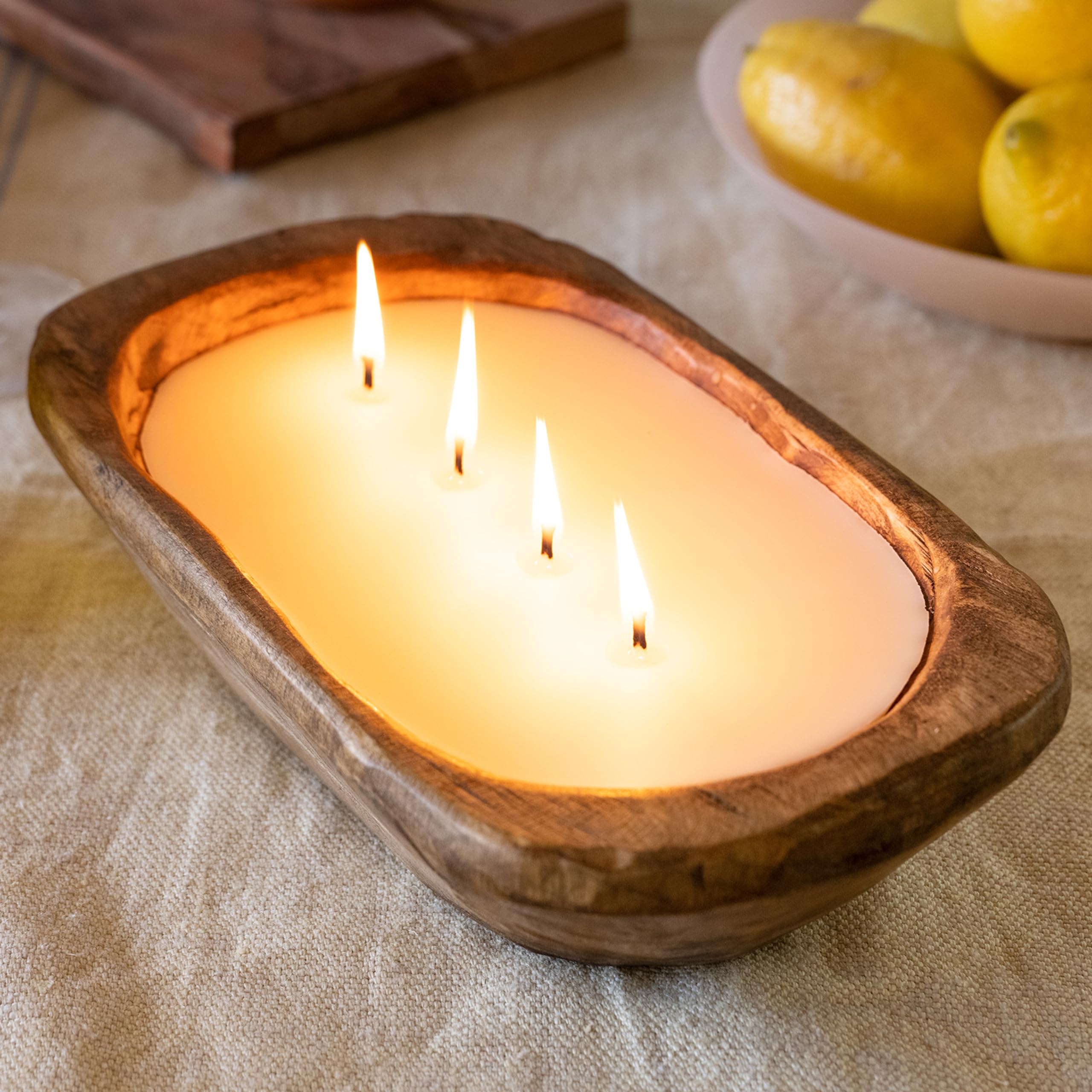 Wooden Dough Bowl Candle 10 Inch, Soy Candle, Farmhouse Candles for Table, Wood Boat 4 Wick ...
