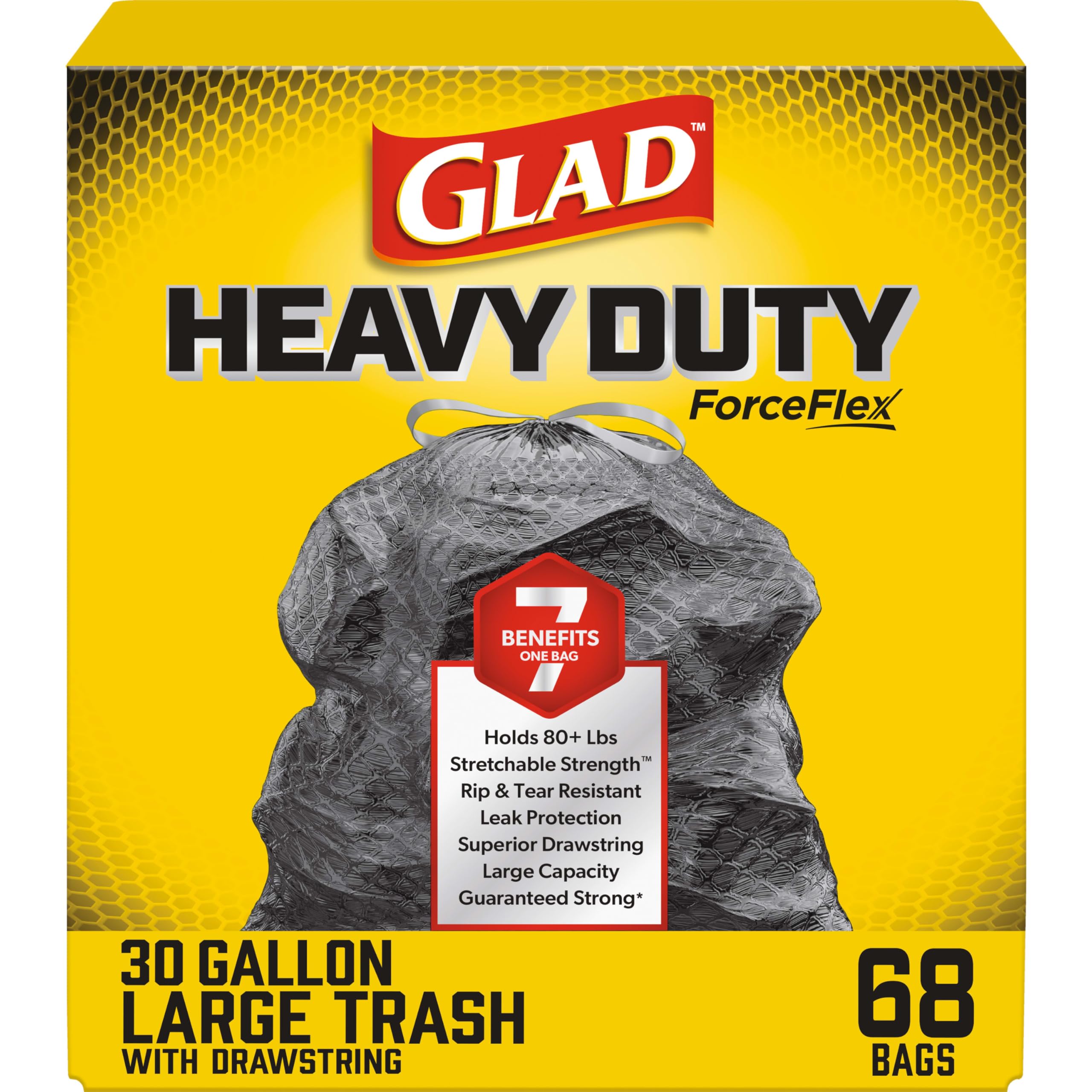 Glad ForceFlex Heavy Duty Large Drawstring Trash Bags, Hold 80+ lb, 30 Gal, 68 Ct (Package May ...