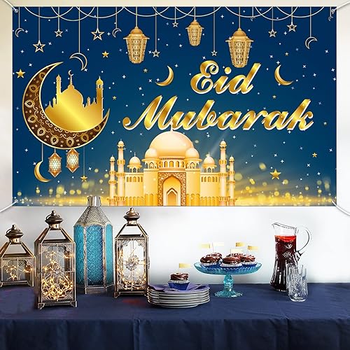 Eid Mubarak Backdrop, Extra Large Fabric Eid Mubarak Sign Banner with ...
