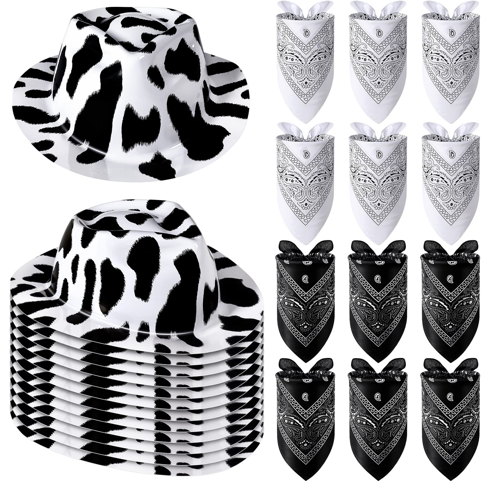 Haysandy 24 Pcs Cow Print Cowgirl Cowboy Hats Bulk with Bandana Felt ...