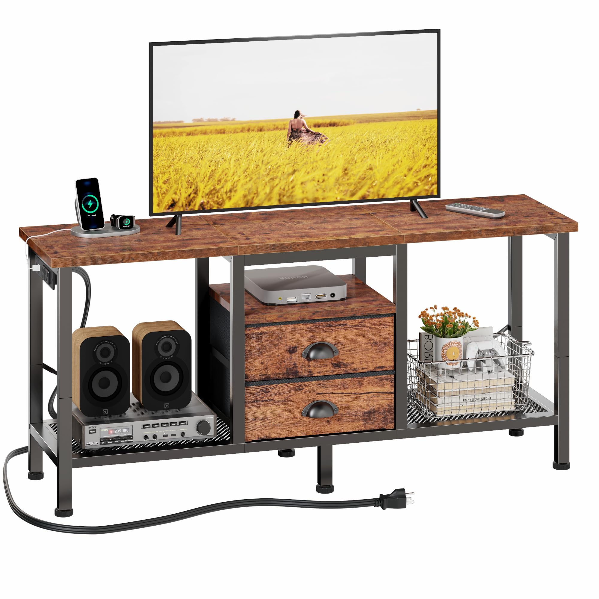 Furologee TV Stand with Power Outlets and 2 Fabric Drawers, 42 Inch ...