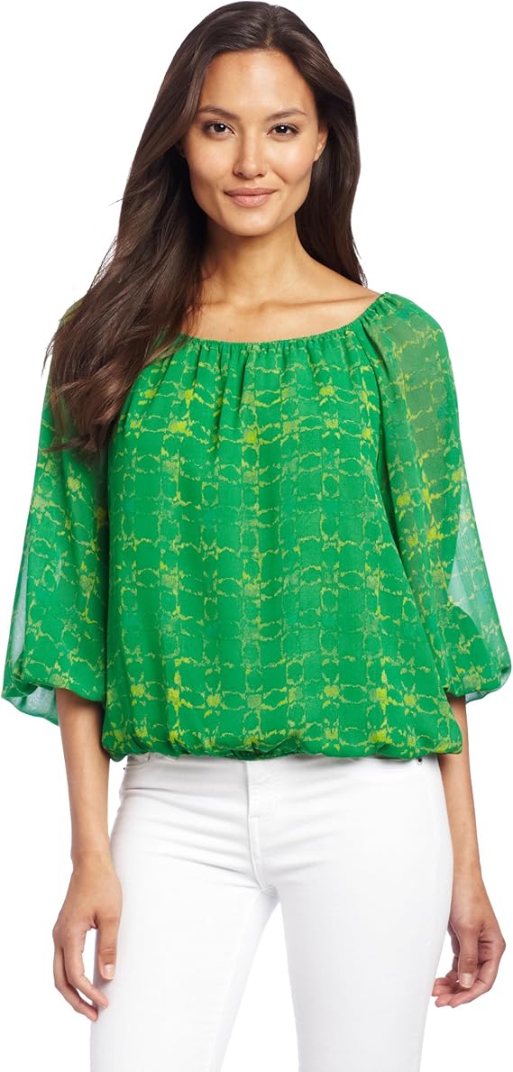 Chaus Women's 3/4 Sleeve Ethnic Geo Peasant Blouse, Kelly Green, X ...
