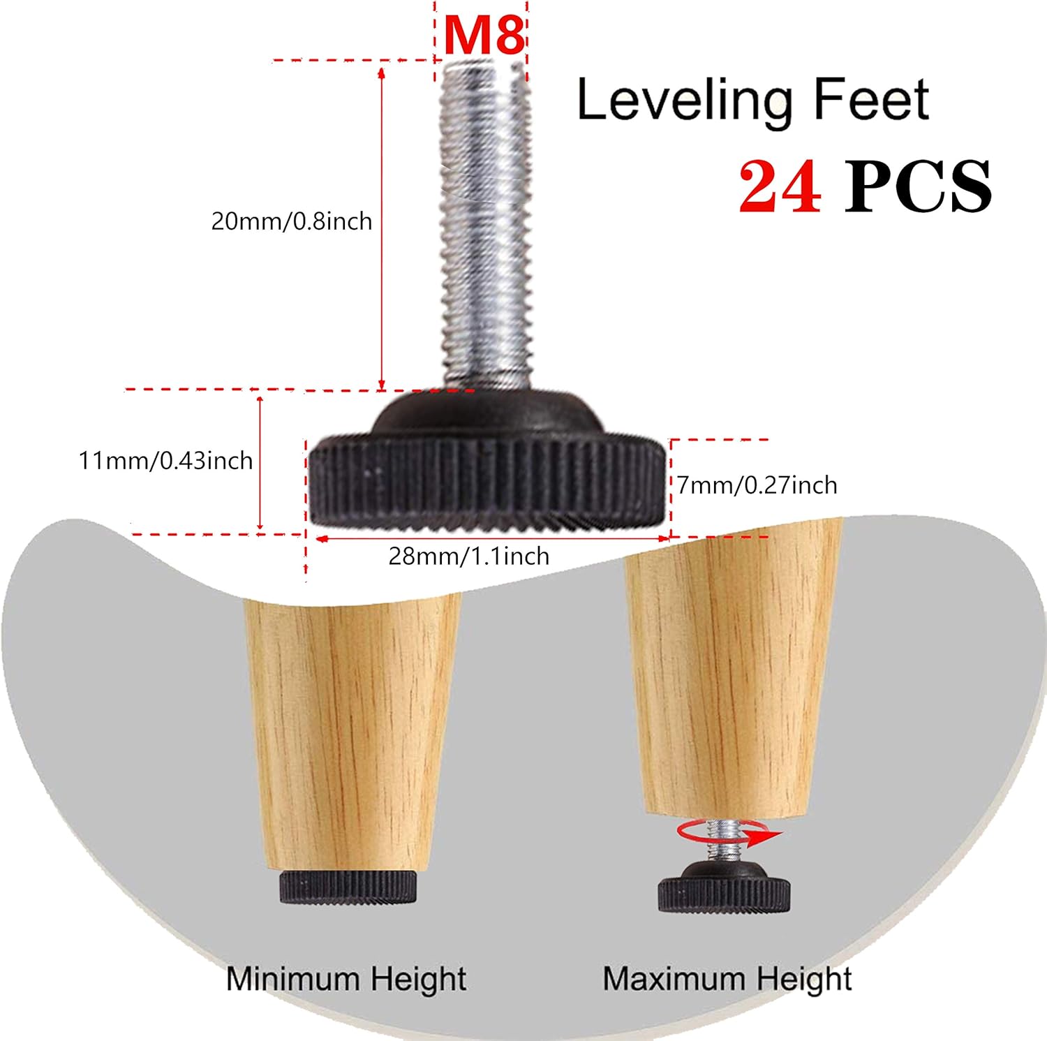24 Pieces of Adjustable Table feet Furniture Leveling feet, M8 x 20MM ...