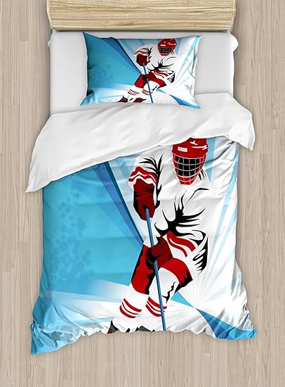 Amazon.com: Ambesonne Hockey Duvet Cover Set, Hockey Player Makes a ...