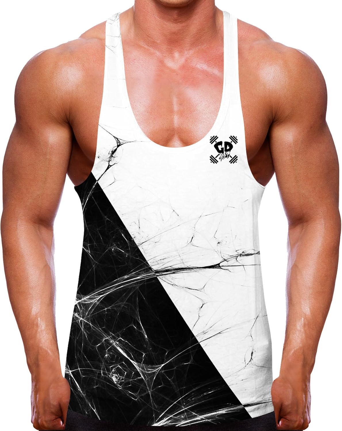Men Shredded White and Black Stringer Vest - Get Down Gym wear: Amazon ...