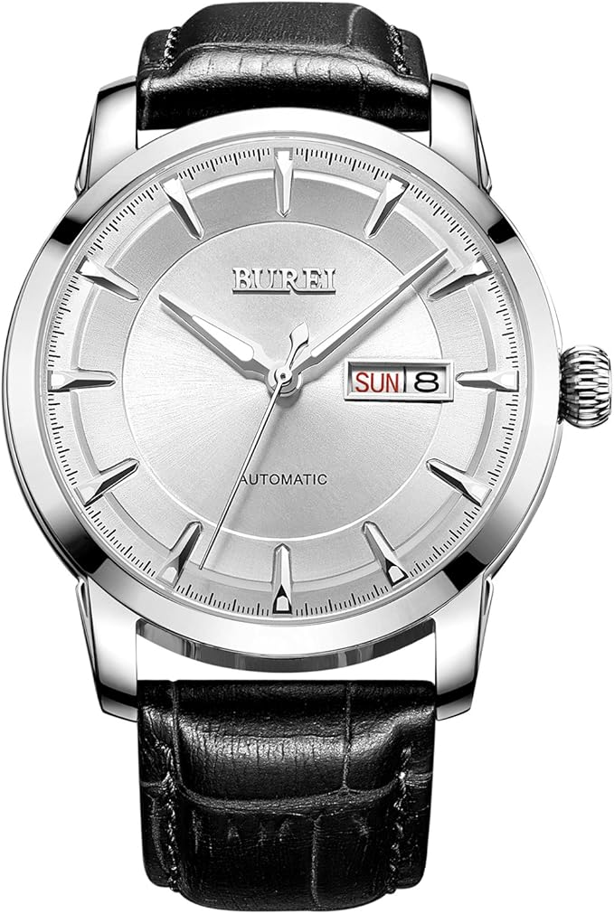 BUREI® Men's Day and Date Automatic Watch with Black Calfskin Band ...
