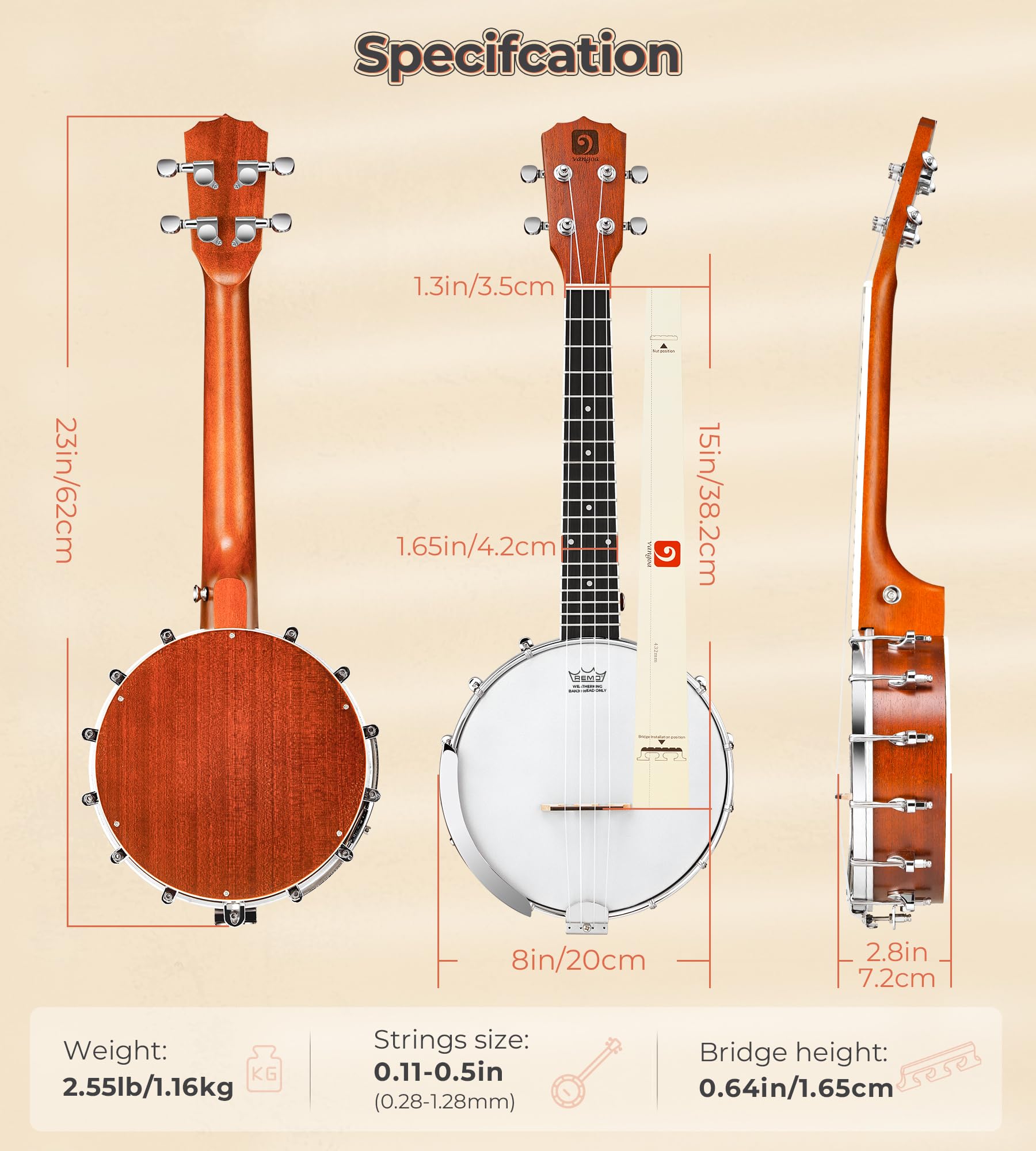 Mua Vangoa Banjolele 23 Inch with Premium REMO Head, Travel Mini Banjo ...
