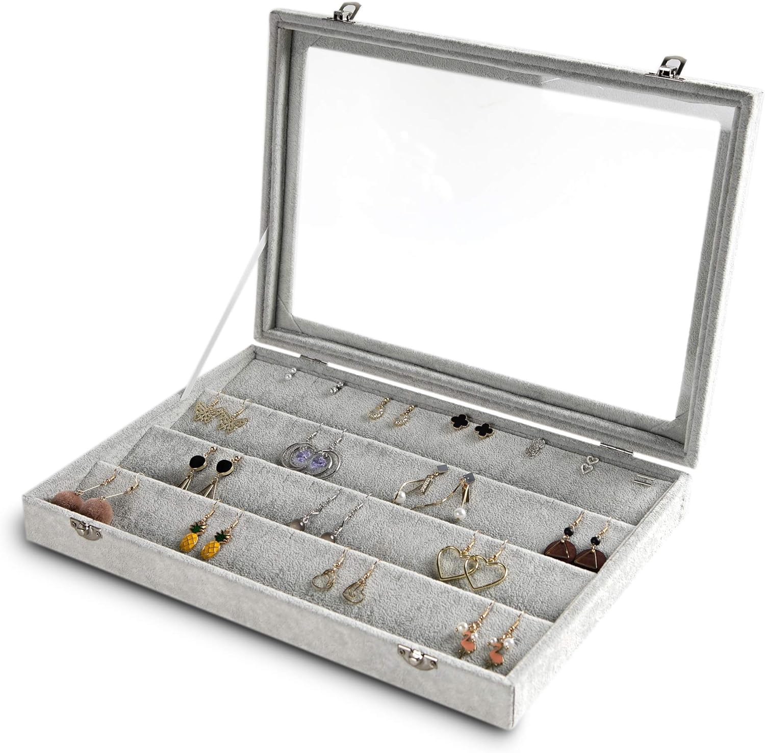 Amazon.com: Earring Organizer Tray with Clear Lid 64 Slots Velvet ...