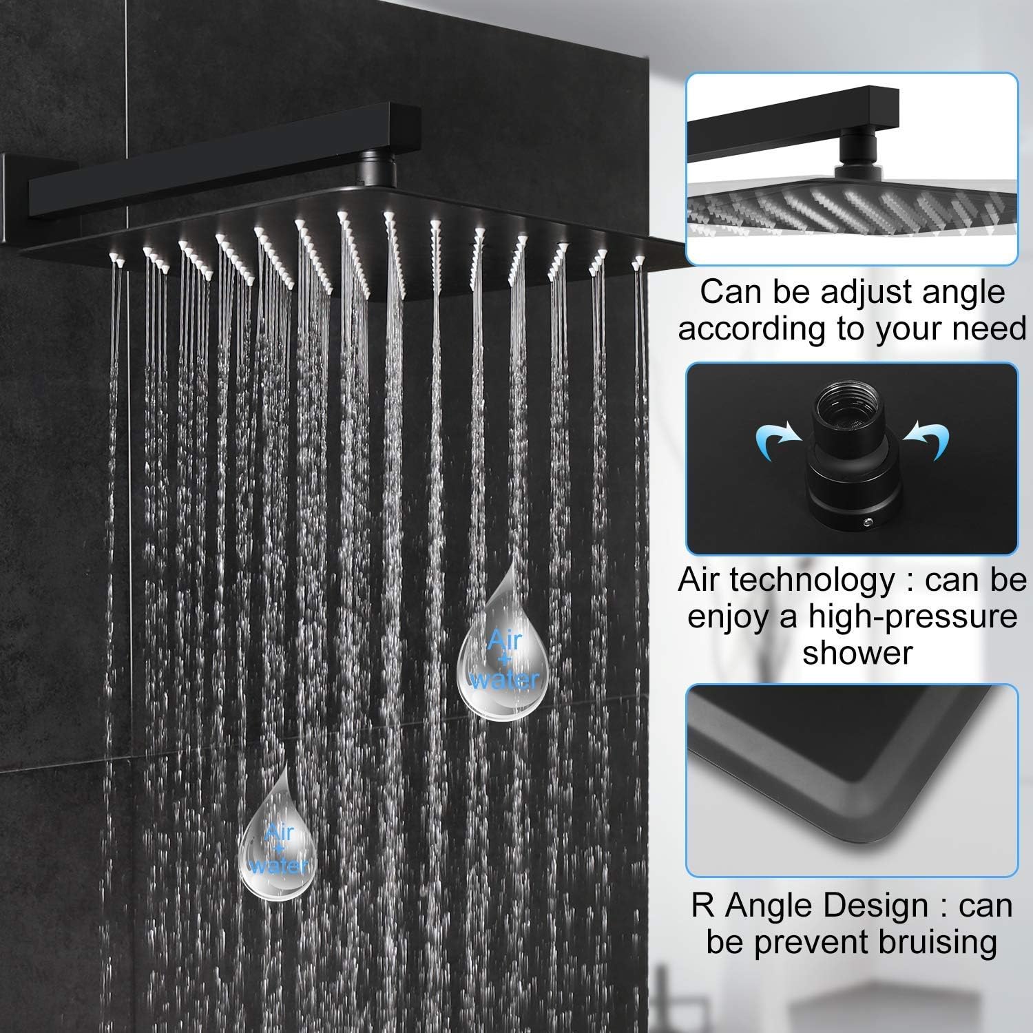 S R SUNRISE Matte Black Concealed Shower System, Advanced Air Injection ...