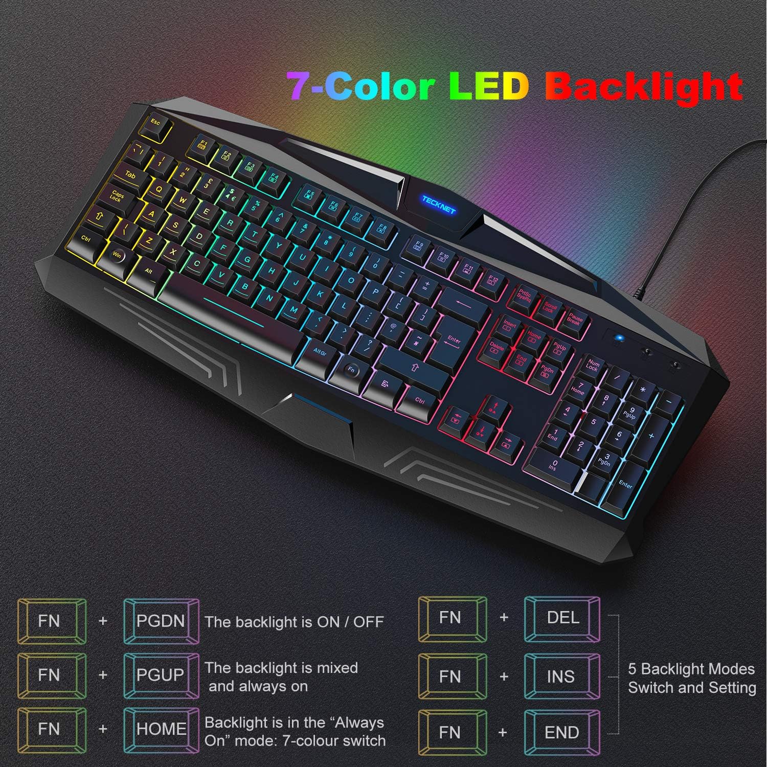 TECKNET Gaming Keyboard Rainbow LED Backlit Mechanical Feeling USB ...