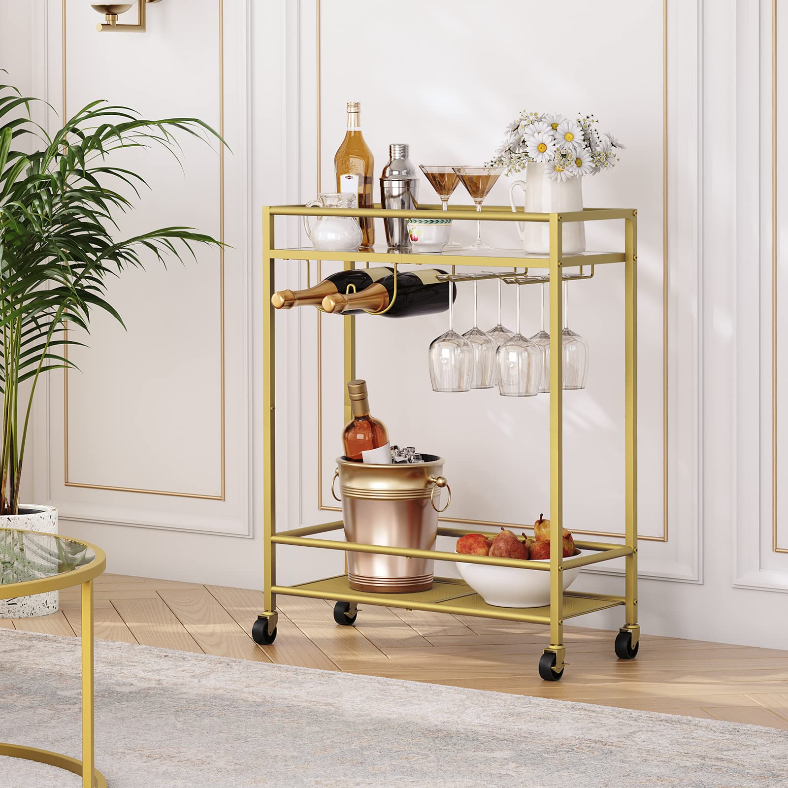 MAHANCRIS Gold Bar Cart, Beverage Cart With Wheels, Bar Cart For The Home, 2-Tier Drink Cart ...