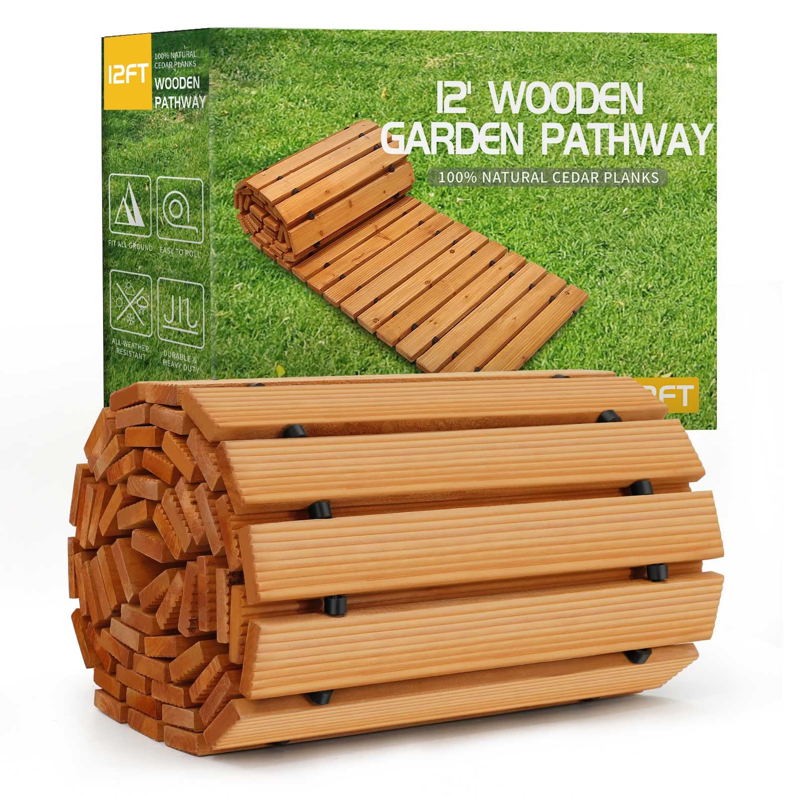 RELIANCER 12' Wooden Garden Pathway,Outdoor Roll Out Cedar Straight ...