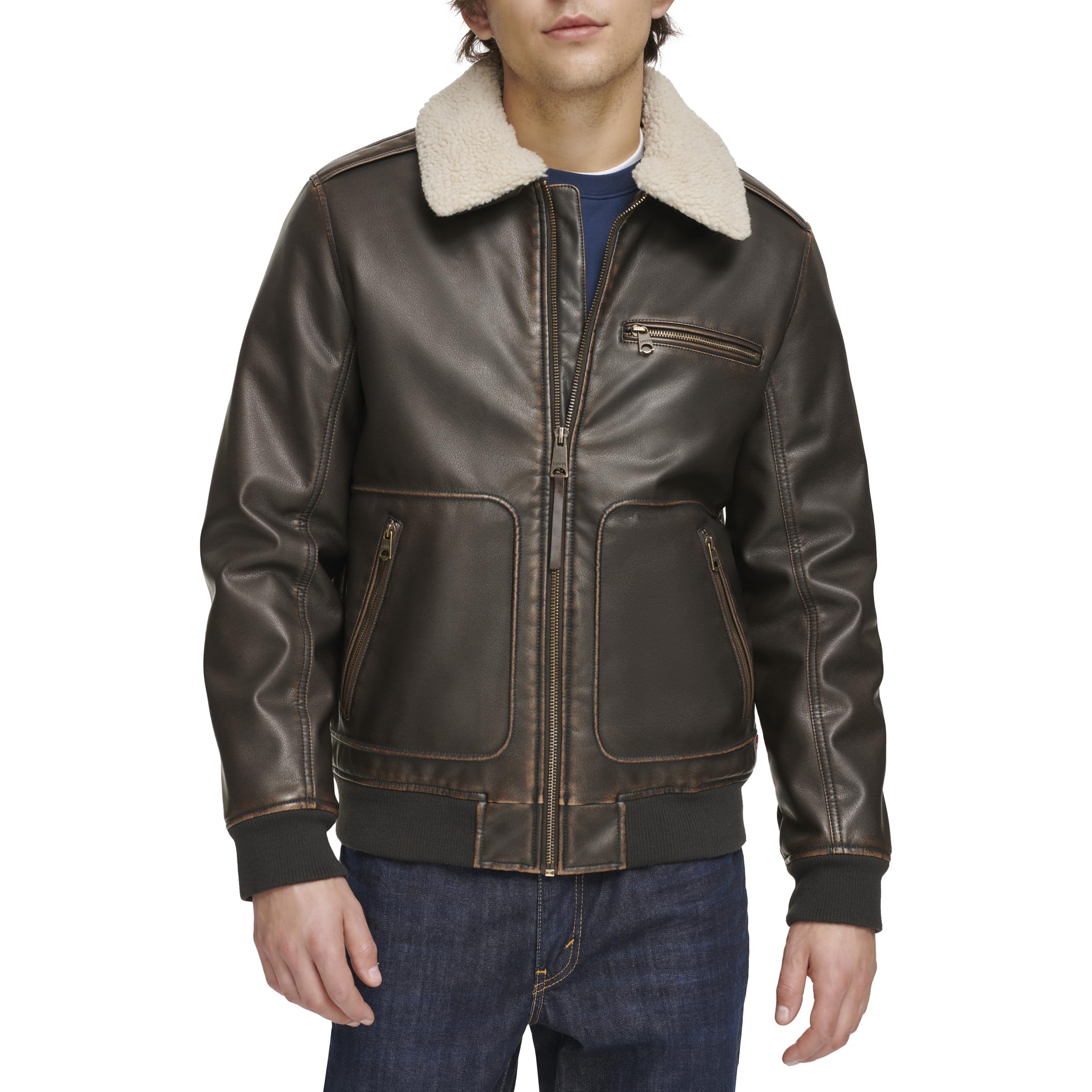 Levi's Big & Tall Men's Faux Leather Aviator Bomber Jacket with Sherpa Collar, Dark Brown, 3X ...