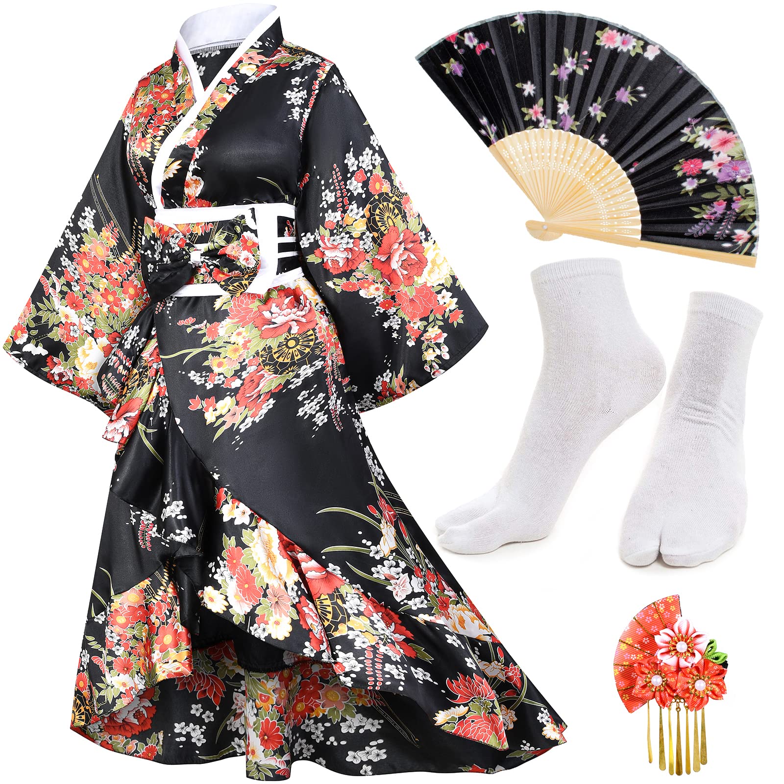 Japanese Anime Women's Kimono Robe Geisha Yukata Sweet Tuxedo Ruffle ...