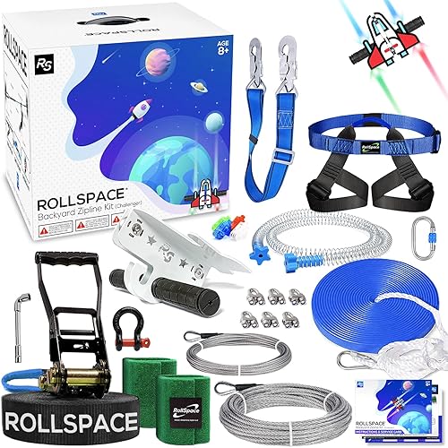 RollSpace 150FT Zipline Kits for Backyards with Ratchet Straps ...
